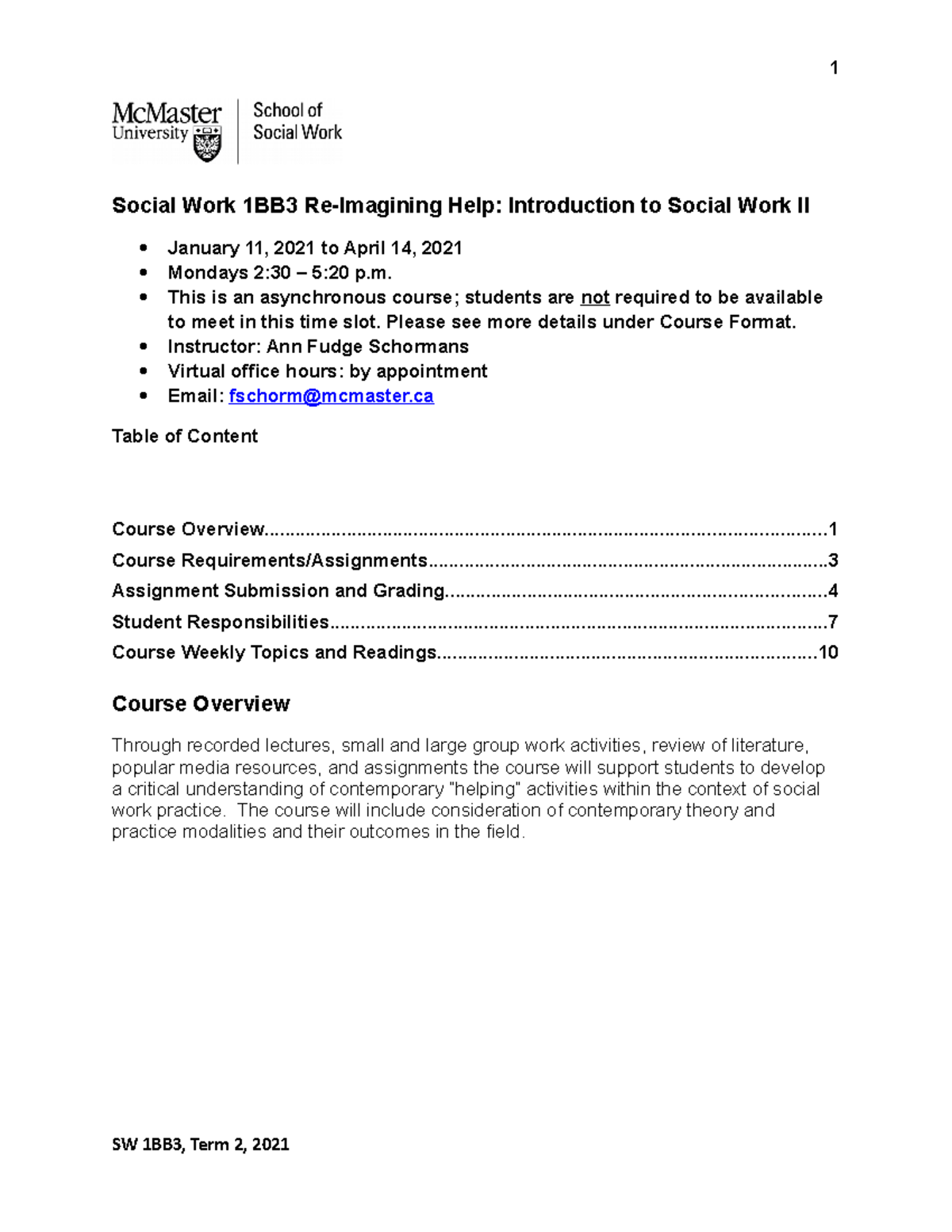 SW 1BB3 AFS Winter 2021 - Course outline - Social Work 1BB3 Re ...