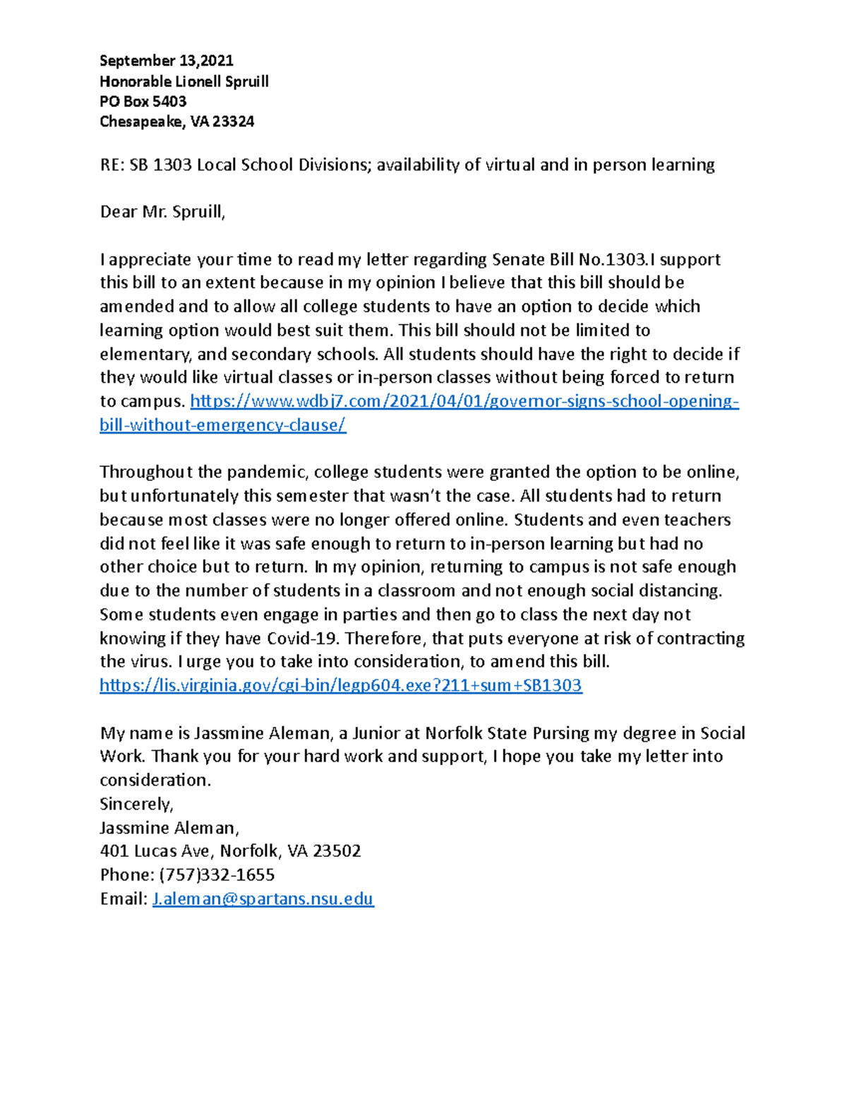 Letter to Senator letter - September 13, Honorable Lionell Spruill PO ...