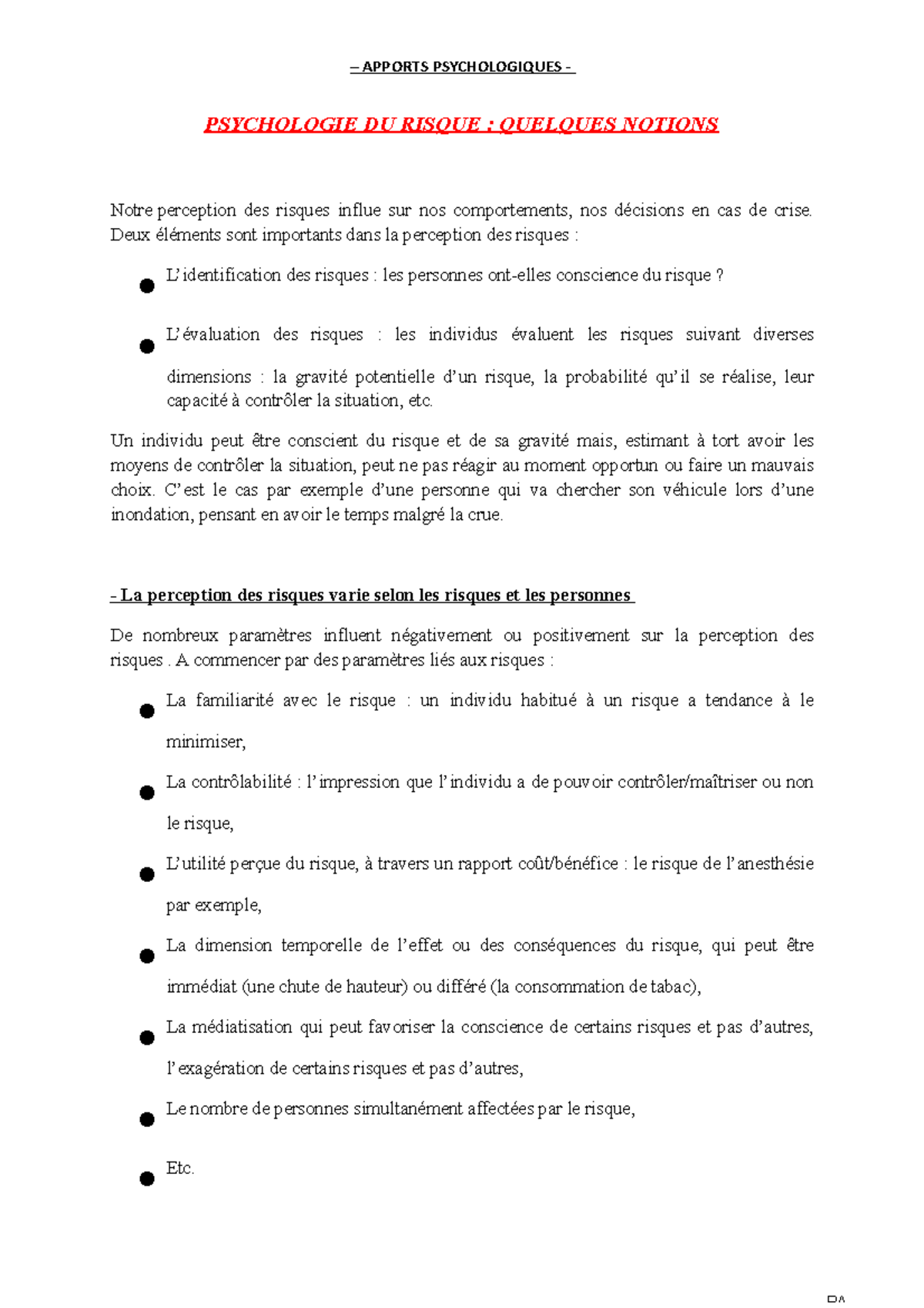 Psychologie DU Risque - PSYCHOLOGIE DU RISQUE : QUELQUES NOTIONS Notre ...