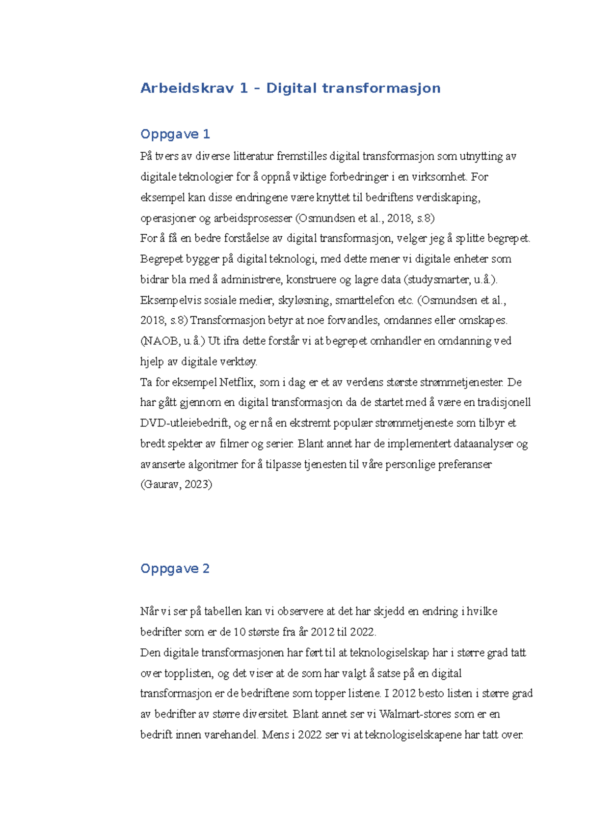 Arbeidskrav 1 - Digital transformasjon - Arbeidskrav 1 – Digital transformasjon Oppgave 1 På ...