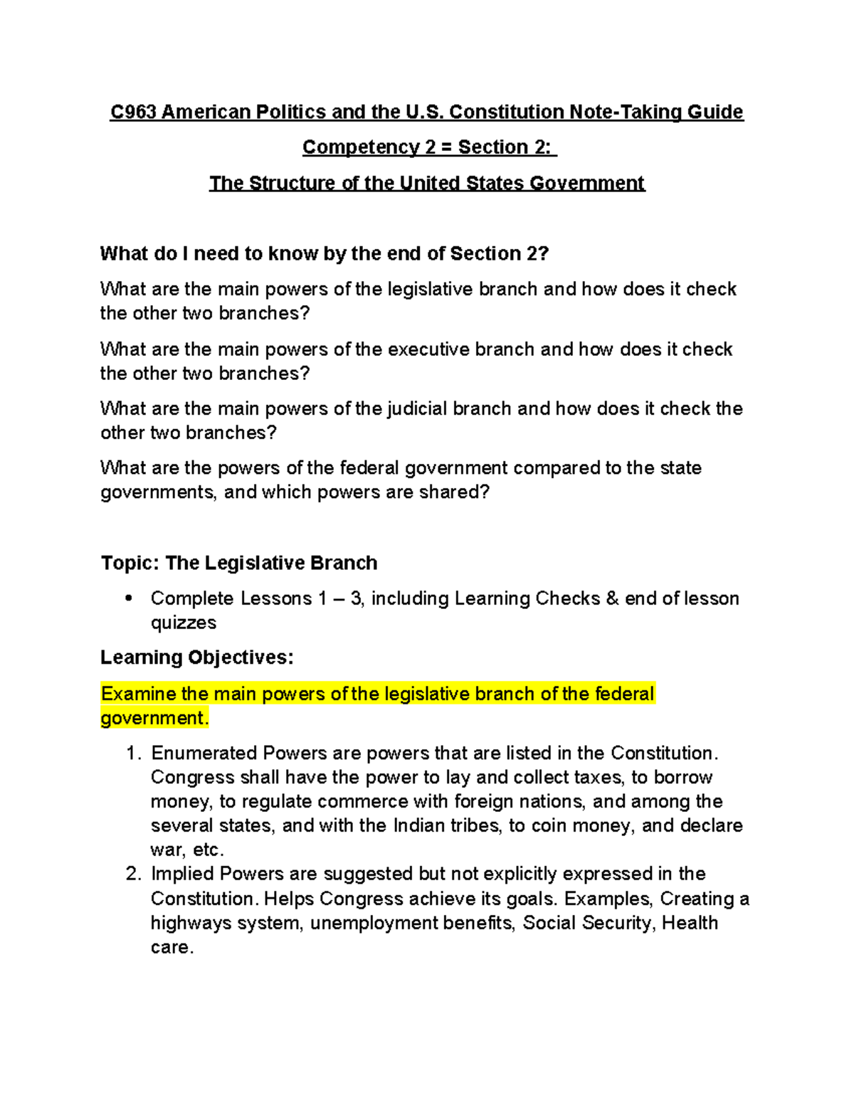 Section 2 The Structure of the United States Government Note Taking ...