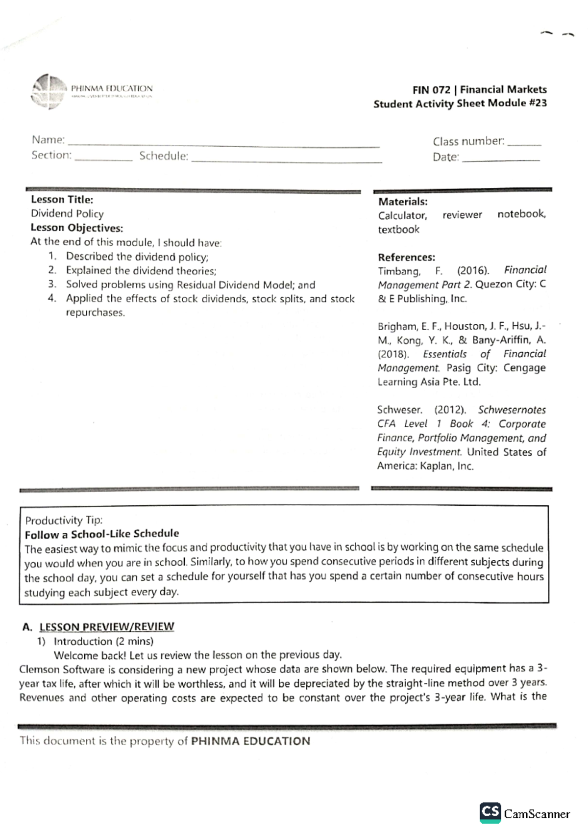 SAS 23 - Dividend Policy - PHINMA EDUCATION FIN 072 I Financial Markets Student Activity Sheet ...