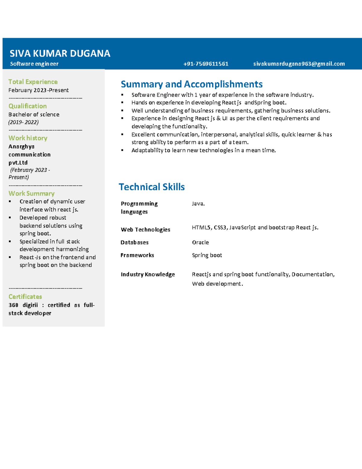 Siva kumar Dugana (1) - QDWFEB - SIVA KUMAR DUGANA Software engineer +91- 7569611561 - Studocu