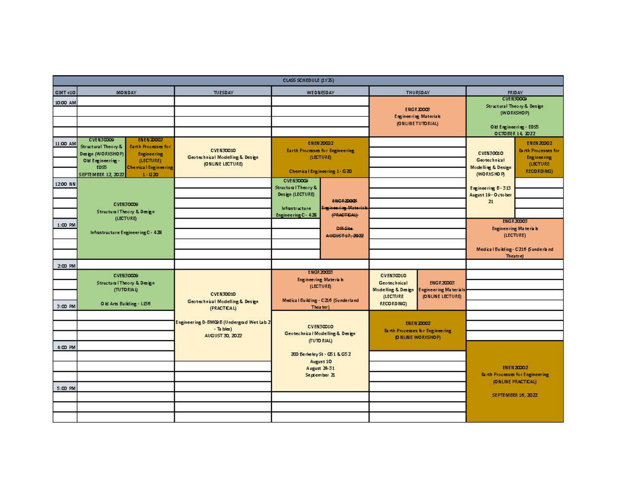 Class Schedule Horizontal - 10:00 AM 11:00 AM 12:00 NN 1:00 PM 2:00 PM ...
