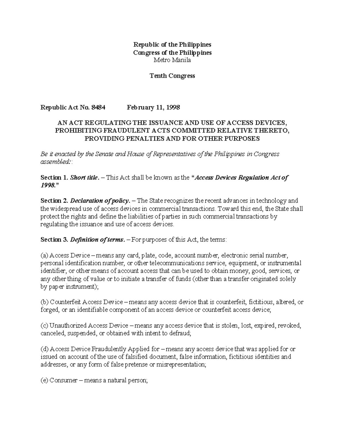 RA No. 8484 - Access Device Regulation Act - Republic of the ...