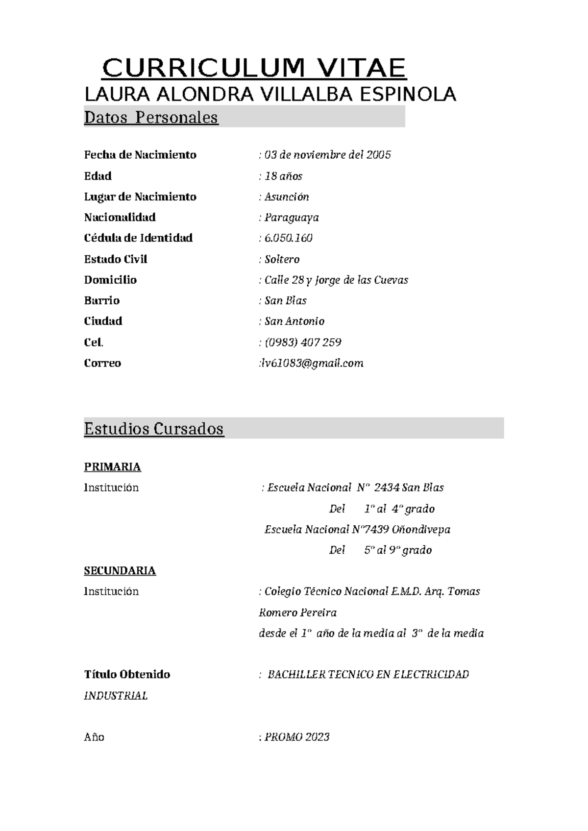 Curriculum vitae - CURRICULUM VITAE LAURA ALONDRA VILLALBA ESPINOLA ...