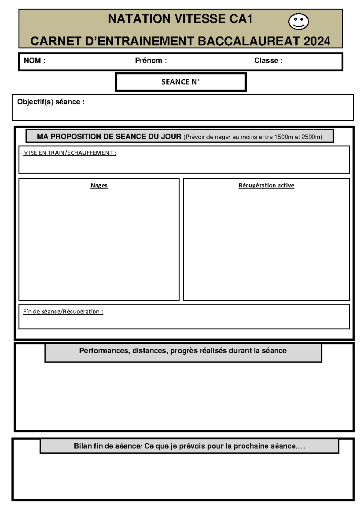 Fiche séance piscine carnet entrainement NAT Vitesse CA1 BAC 2024 ...