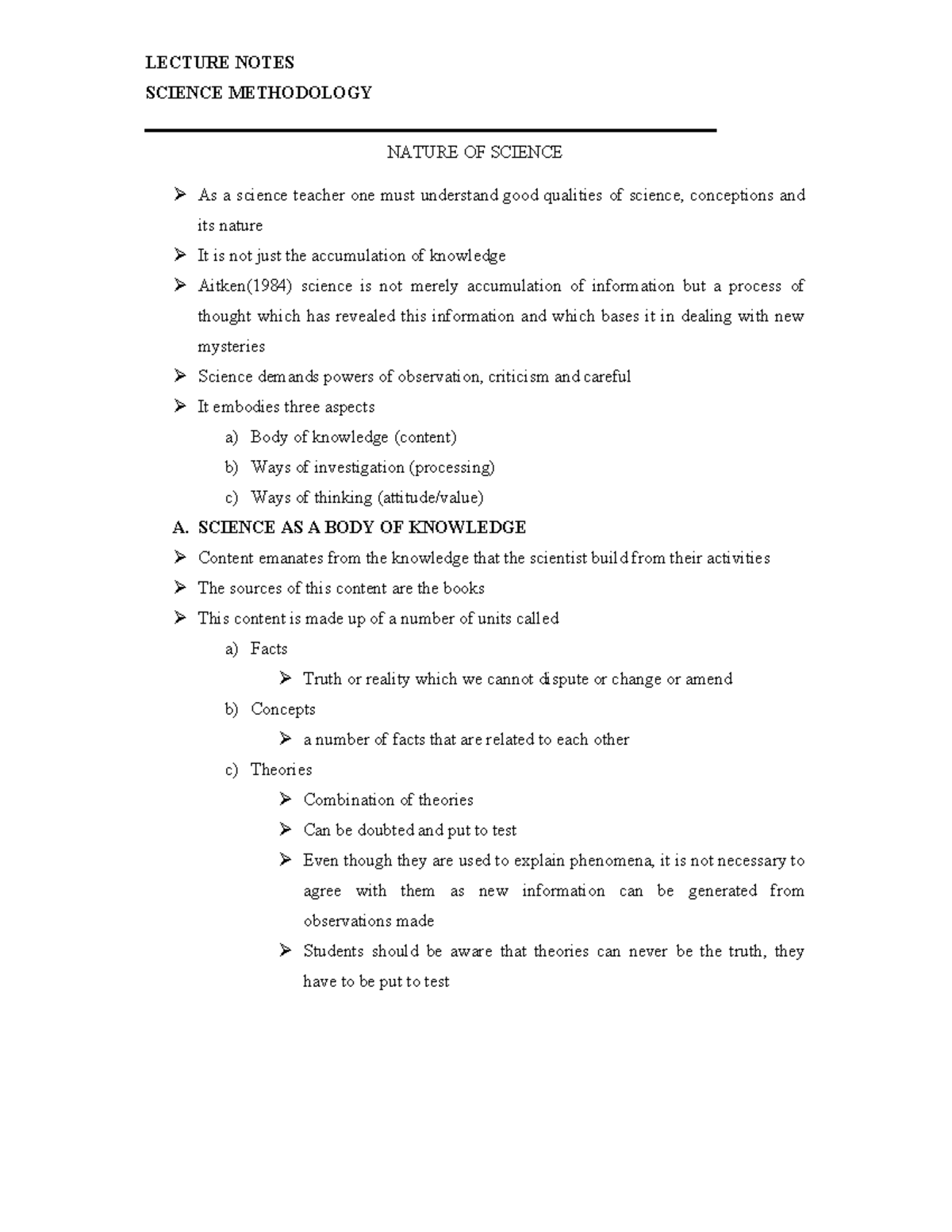 Nature OF Science_Lecture Notes - LECTURE NOTES SCIENCE METHODOLOGY ...