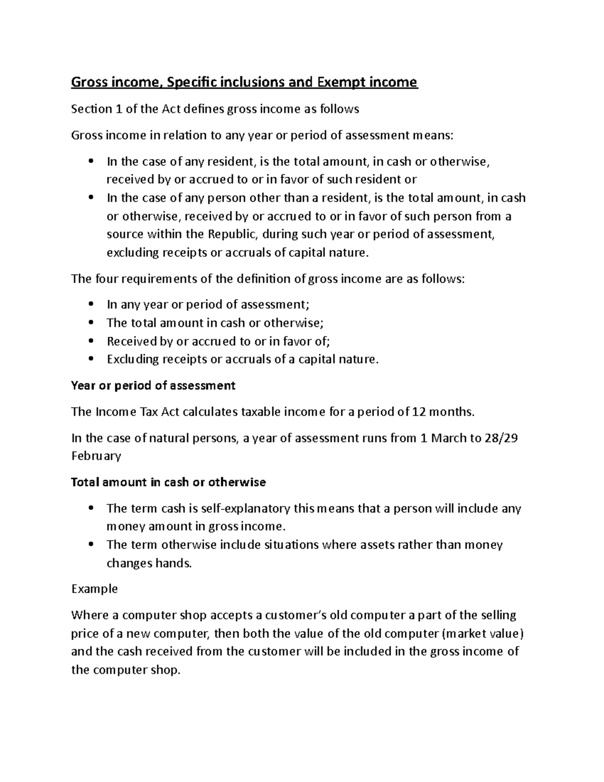 Gross Income - Lecture notes 1 - Gross income, Specific inclusions and ...