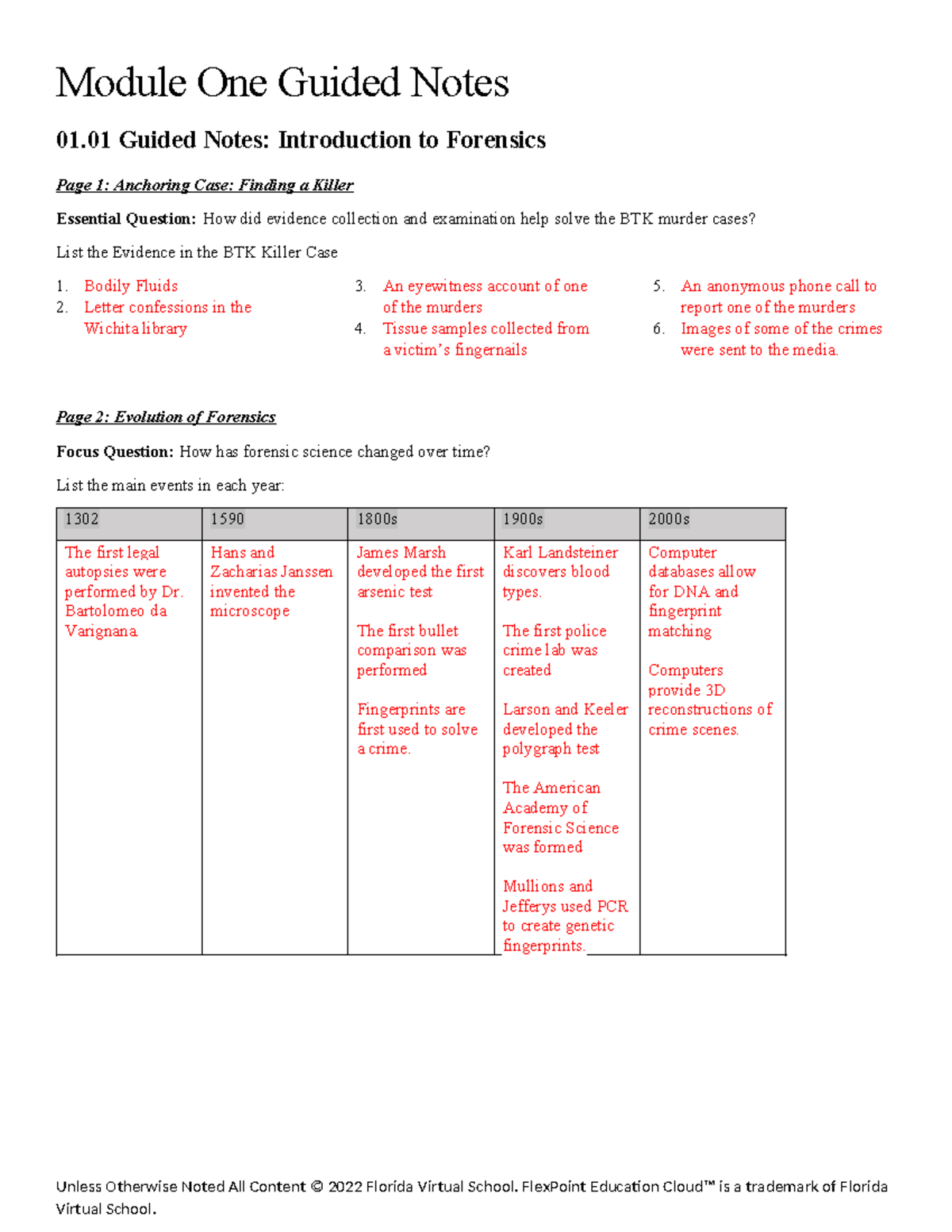 Module 1 Guided Notes (FLVS Forensic Science) - Module One Guided Notes ...