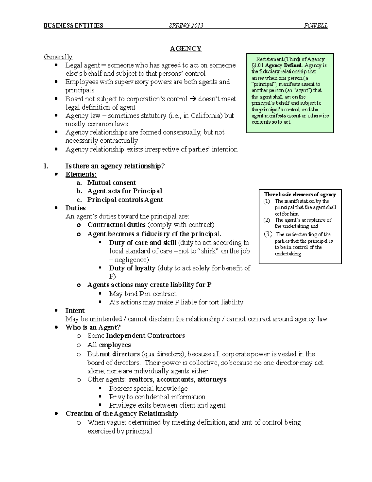Bus Entities Spring 2013 (Powell) - Restatement (Third) of Agency §1 ...