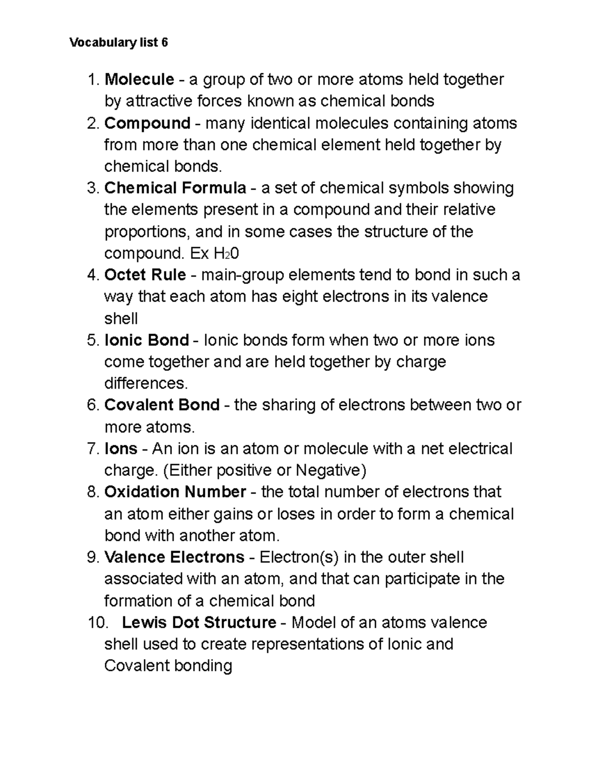 Vocabulary List 6 - vocab - Vocabulary list 6 Molecule - a group of two ...