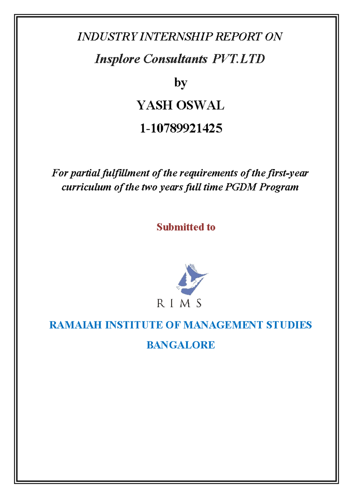 YASH Internship Report RIMS Final - INDUSTRY INTERNSHIP REPORT ON Insplore Consultants PVT by ...