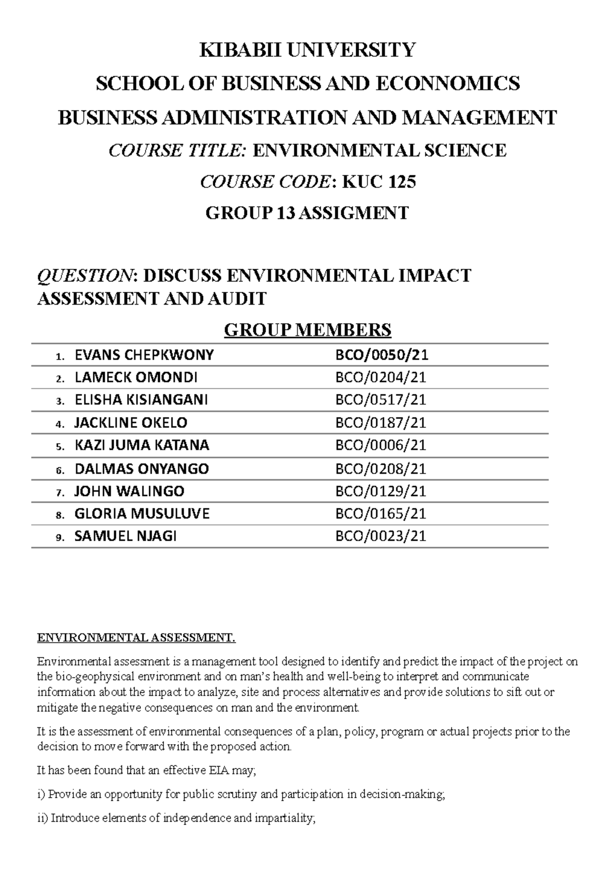 Environmental Science Grp 13 - KIBABII UNIVERSITY SCHOOL OF BUSINESS ...