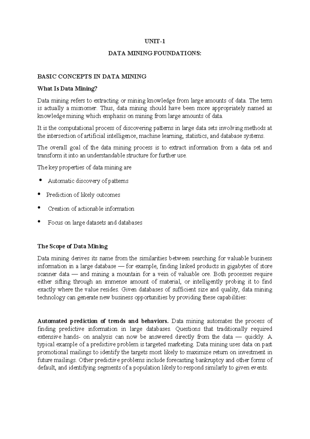 Unit 1 Wm Web Mining Notes Unit Data Mining Foundations Basic Concepts In Data Mining What