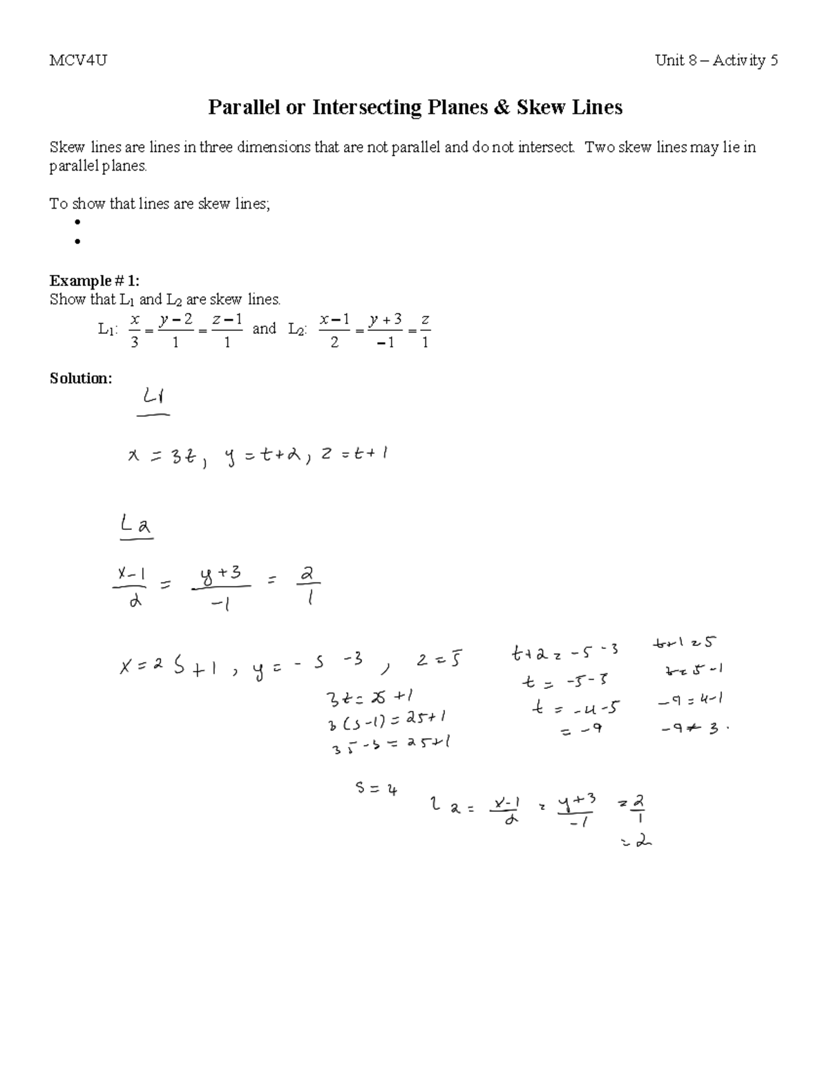 Unit 8 Activity 5 - Parallel or Intersecting Planes Skew Lines - MCV4U ...