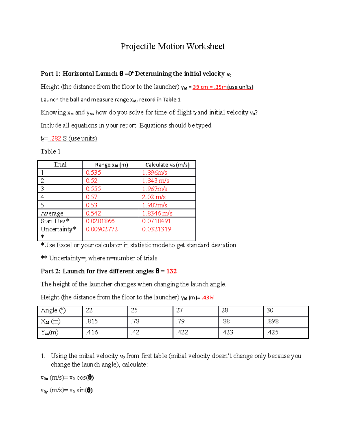 IV Lab3 Guide - Projectile Motion Worksheet Part 1: Horizontal Launch ...