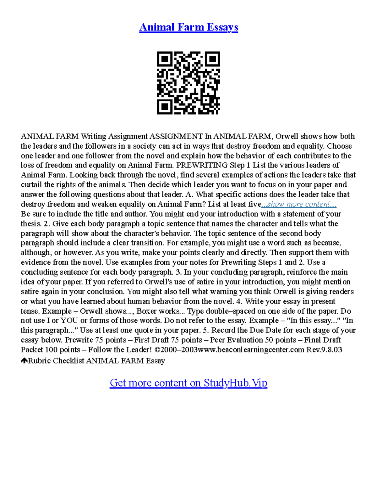 Animal Farm Essay Question - Animal Farm Essays ANIMAL FARM Writing ...