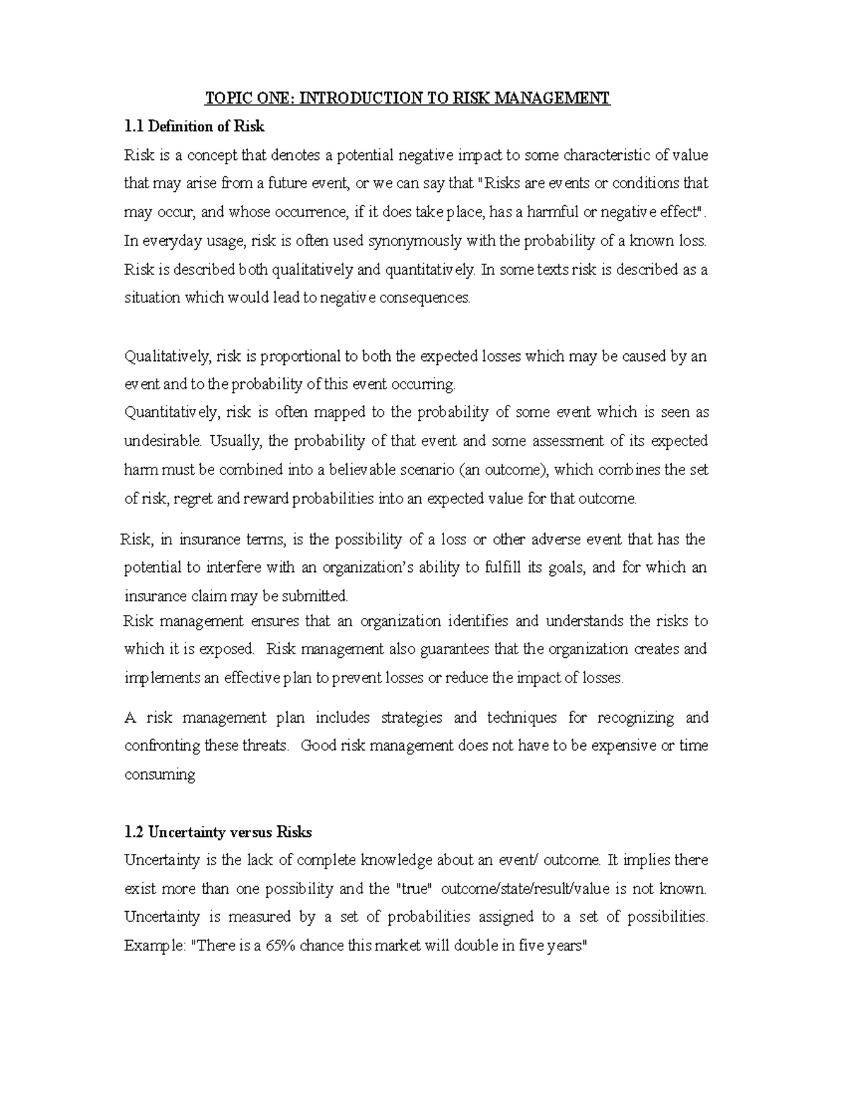 BBM 207 RISK AND Insurance - TOPIC ONE: INTRODUCTION TO RISK MANAGEMENT ...