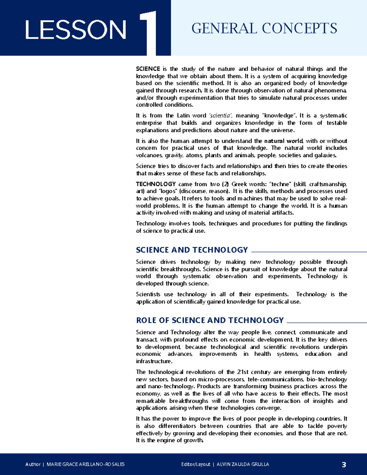 02 STS Module 1 - Lesson 1 (General Concepts) - Author | MARIE GRACE ARELLANO-ROSALES 3 GENERAL ...