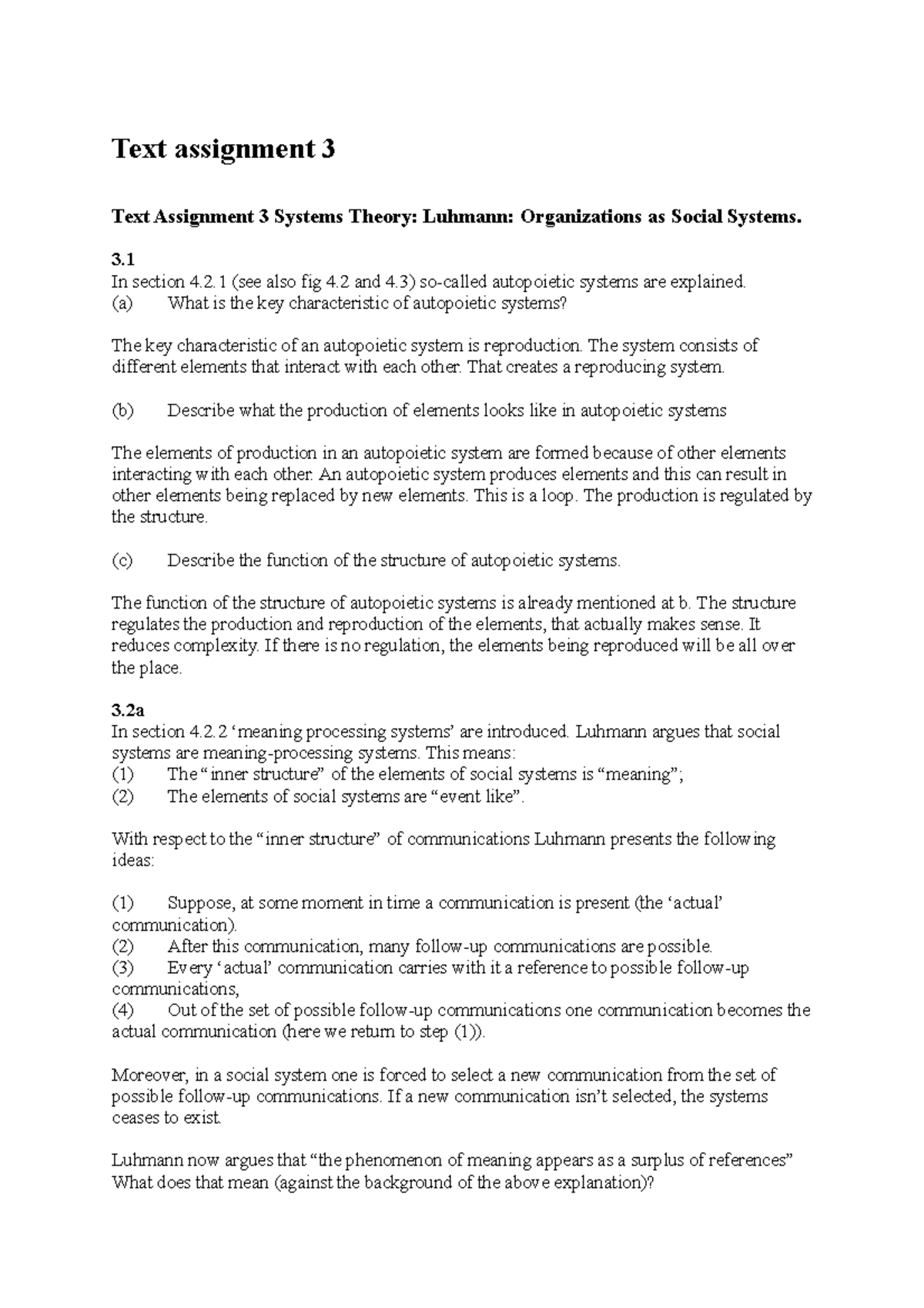Text assignment 3 uitwerkingen - Text assignment 3 Text Assignment 3 Systems Theory: Luhmann ...