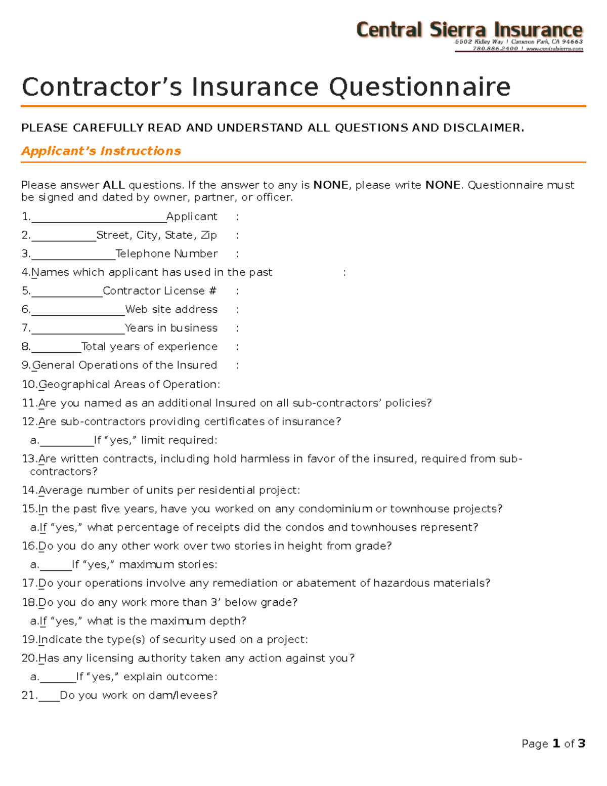Abraham - Word document - Contractor’s Insurance Questionnaire PLEASE ...