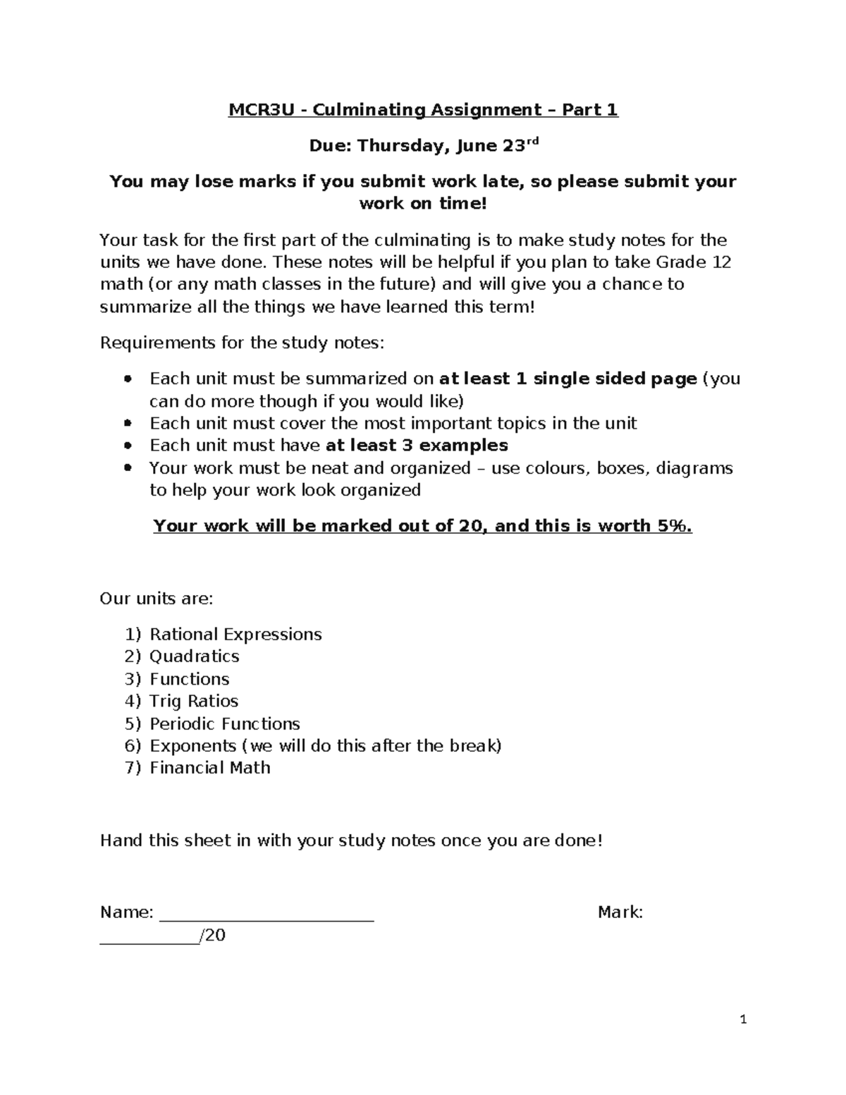 Lecture 3 notes - MCR3U - Culminating Assignment – Part 1 Due: Thursday ...