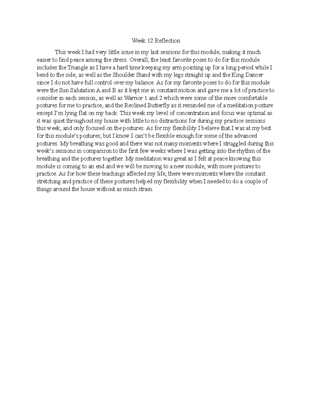 Week 12 Reflection - Week 12 Reflection This week I had very little ...