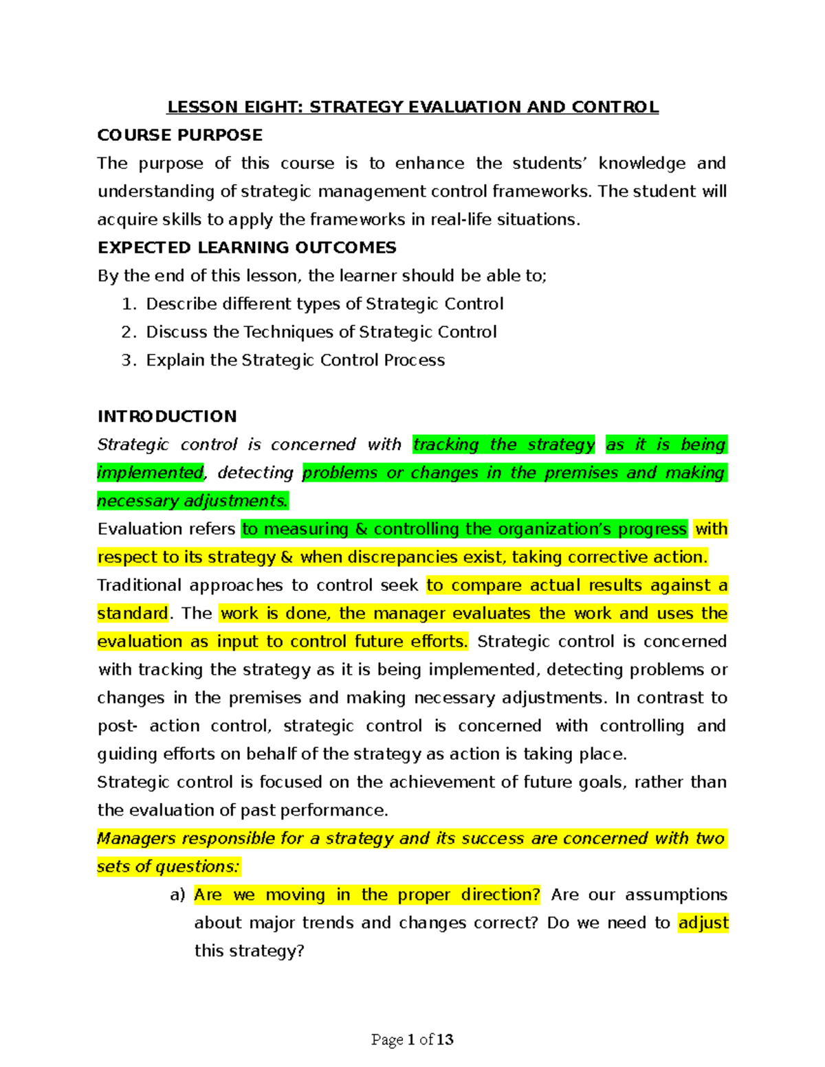 Lesson Seven Strategy Evaluation AND Control - LESSON EIGHT: STRATEGY ...