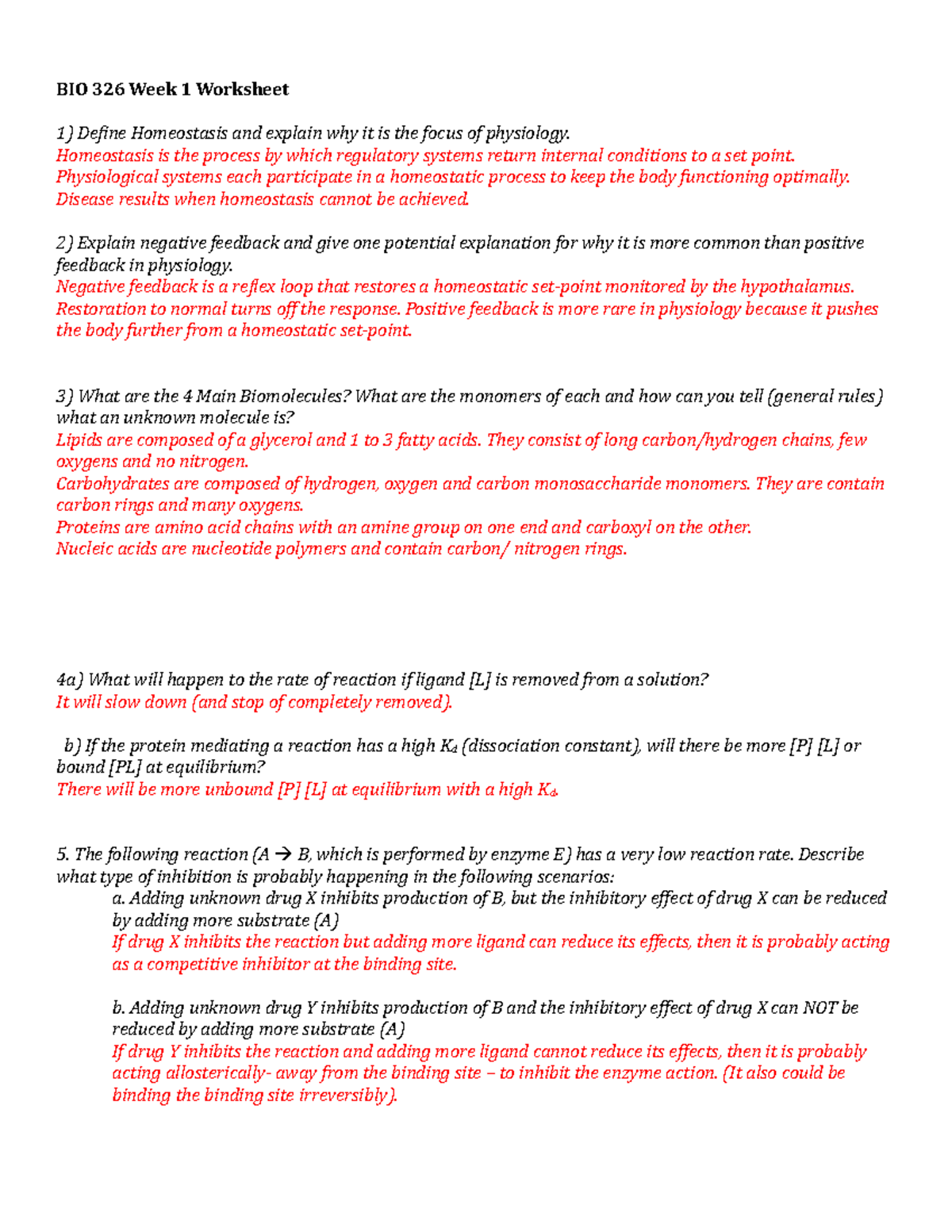 Week 1 Worksheet Key BIO 326 Week 1 Worksheet Define Homeostasis And 