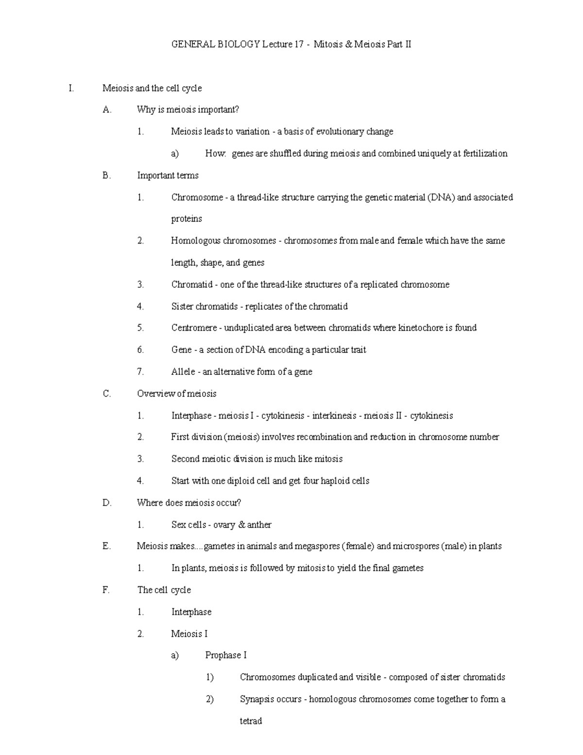 Bio Notes Lecture 17- Meosis and Mitosis - GENERAL BIOLOGY Lecture 17 ...