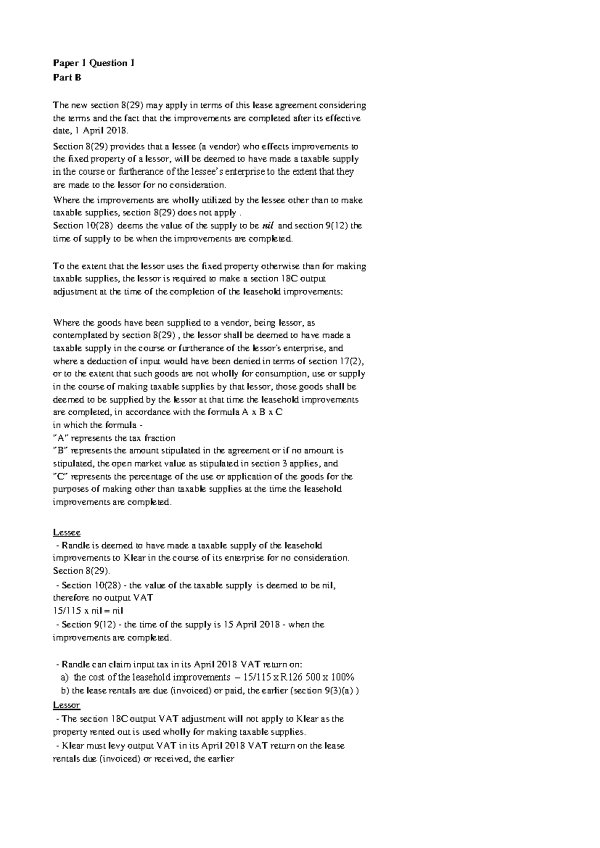 2018 Paper 1 Question 1 Solution Part B - Paper 1 Question 1 Part B The new section 8(29) may ...