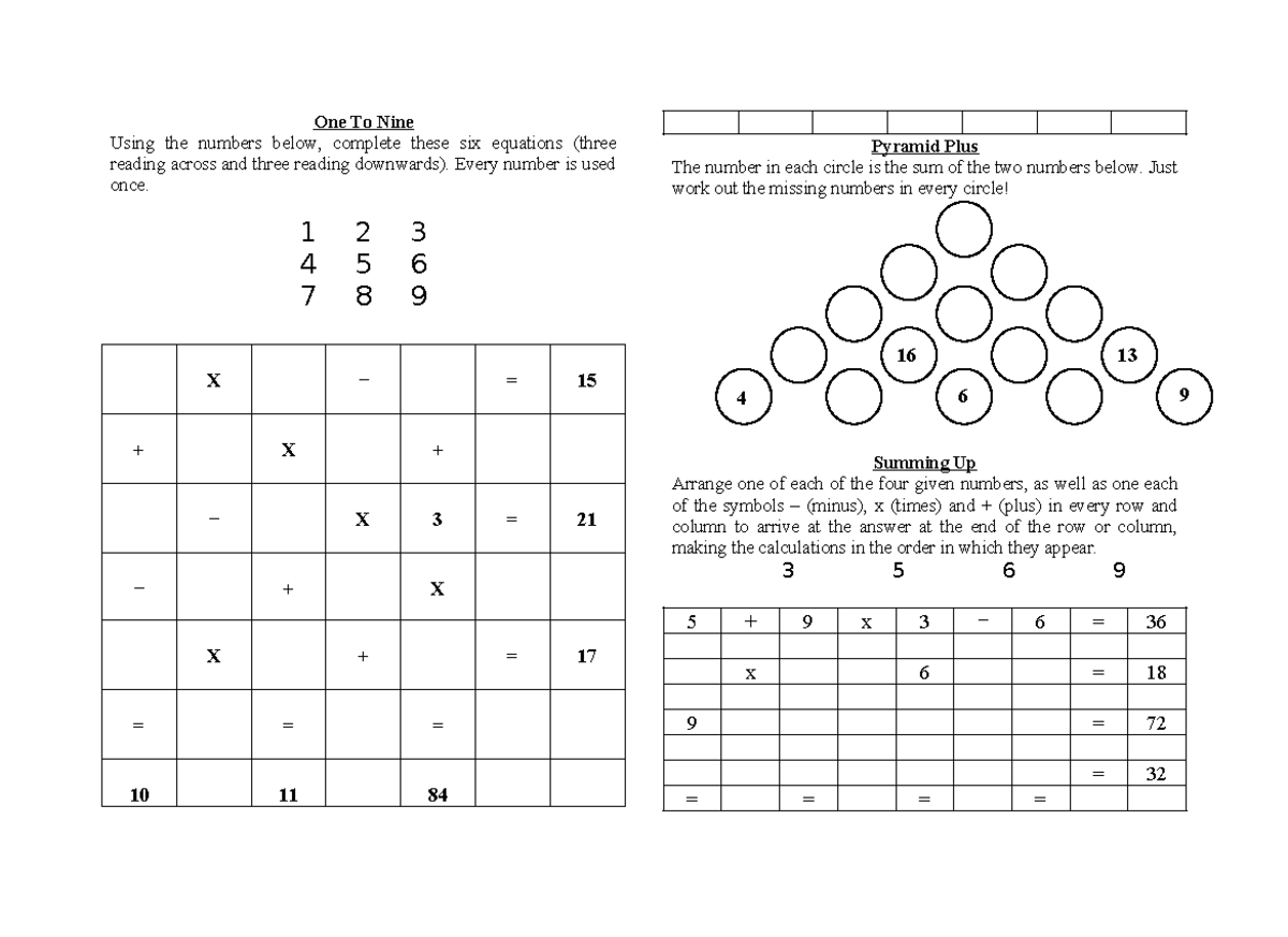 338362531-Math-Puzzles - One To Nine Using the numbers below, complete ...