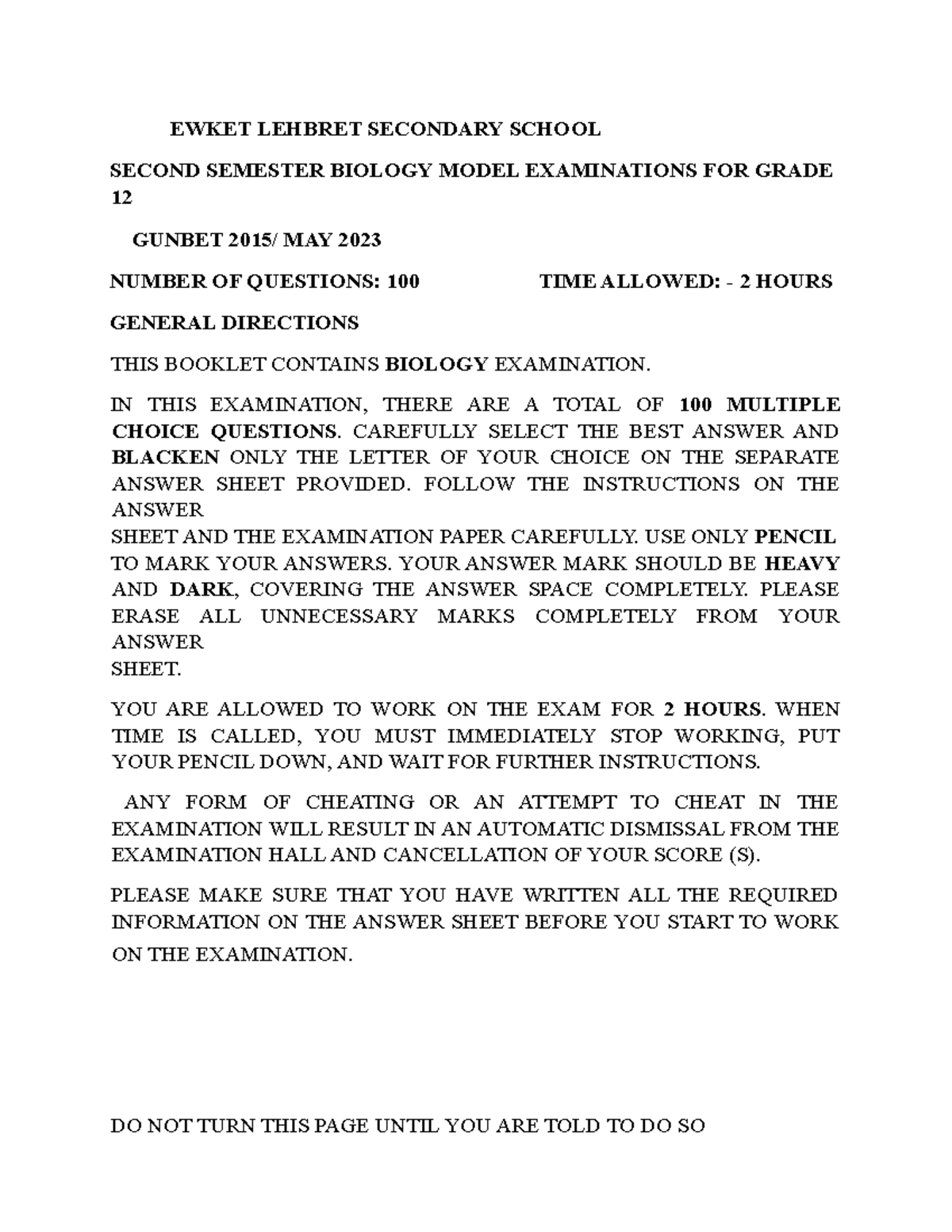 Bio model exam for grade 12 - EWKET LEHBRET SECONDARY SCHOOL SECOND ...