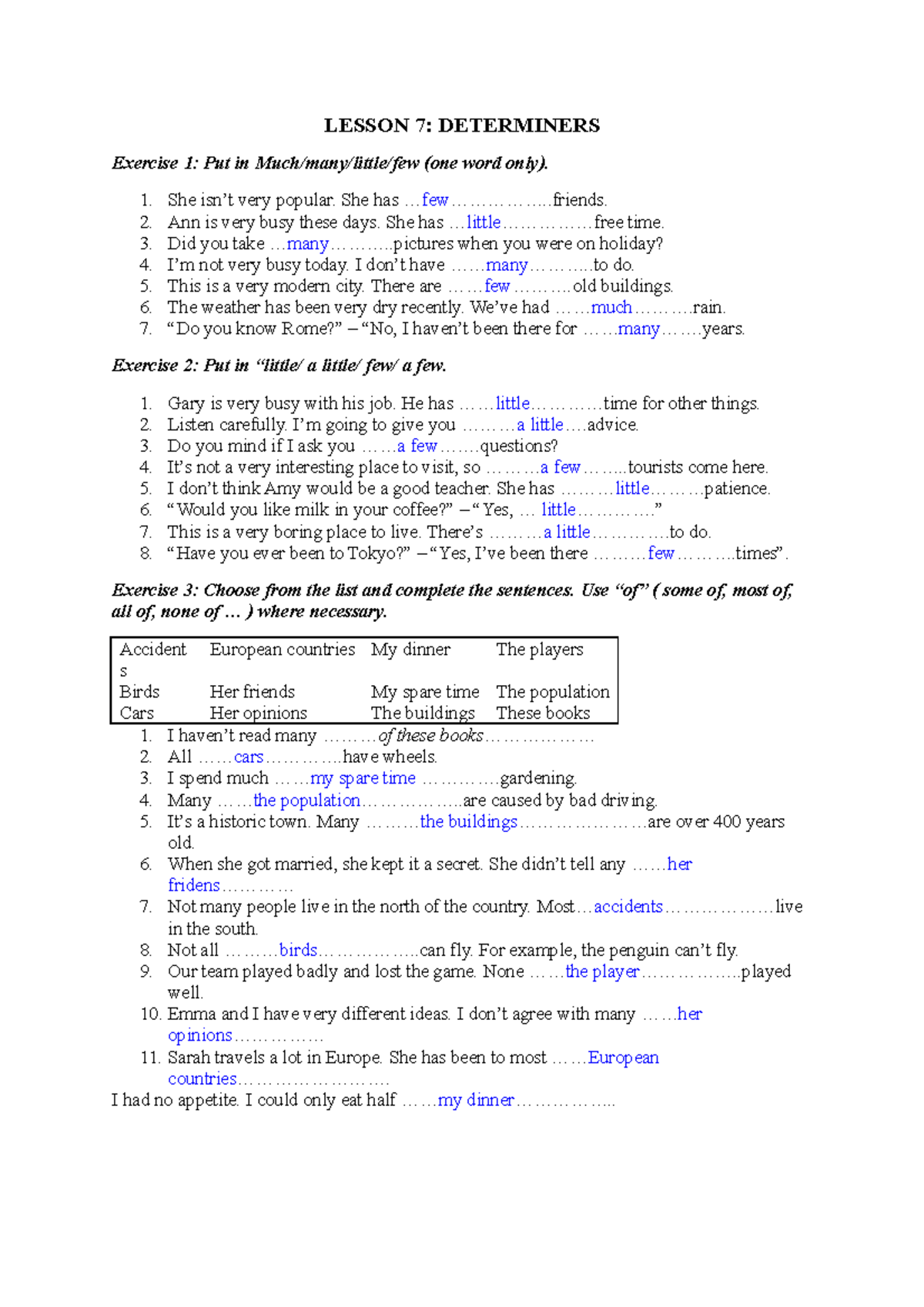 Lesson 7 - Baif tập - LESSON 7: DETERMINERS Exercise 1: Put in Much ...