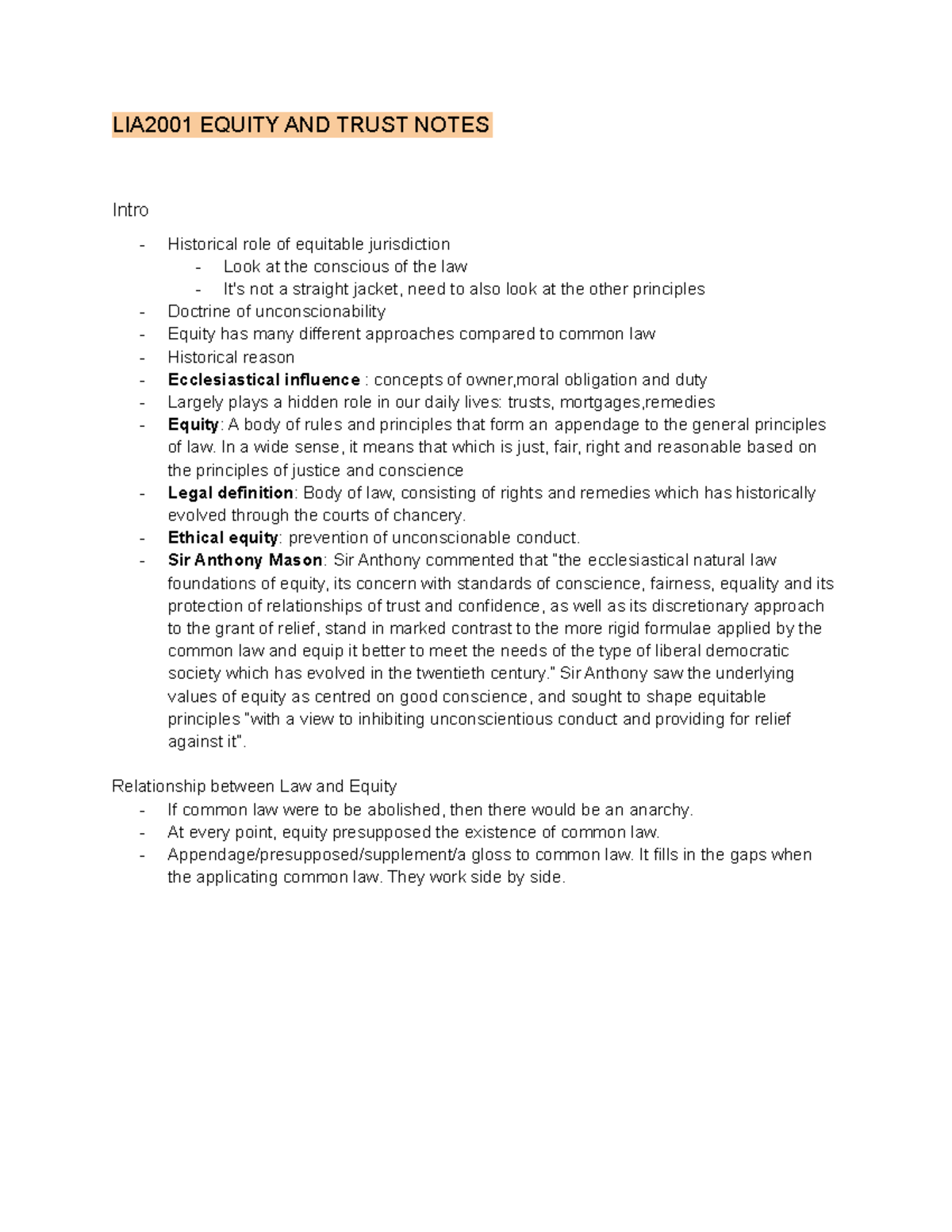 LIA2001 Equity AND Trust I Notes - LIA2001 EQUITY AND TRUST NOTES Intro ...