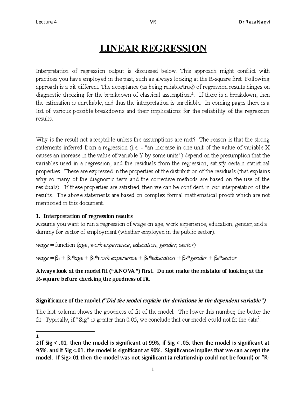 Regression NEW - Lecture notes 10 - LINEAR REGRESSION Interpretation of ...