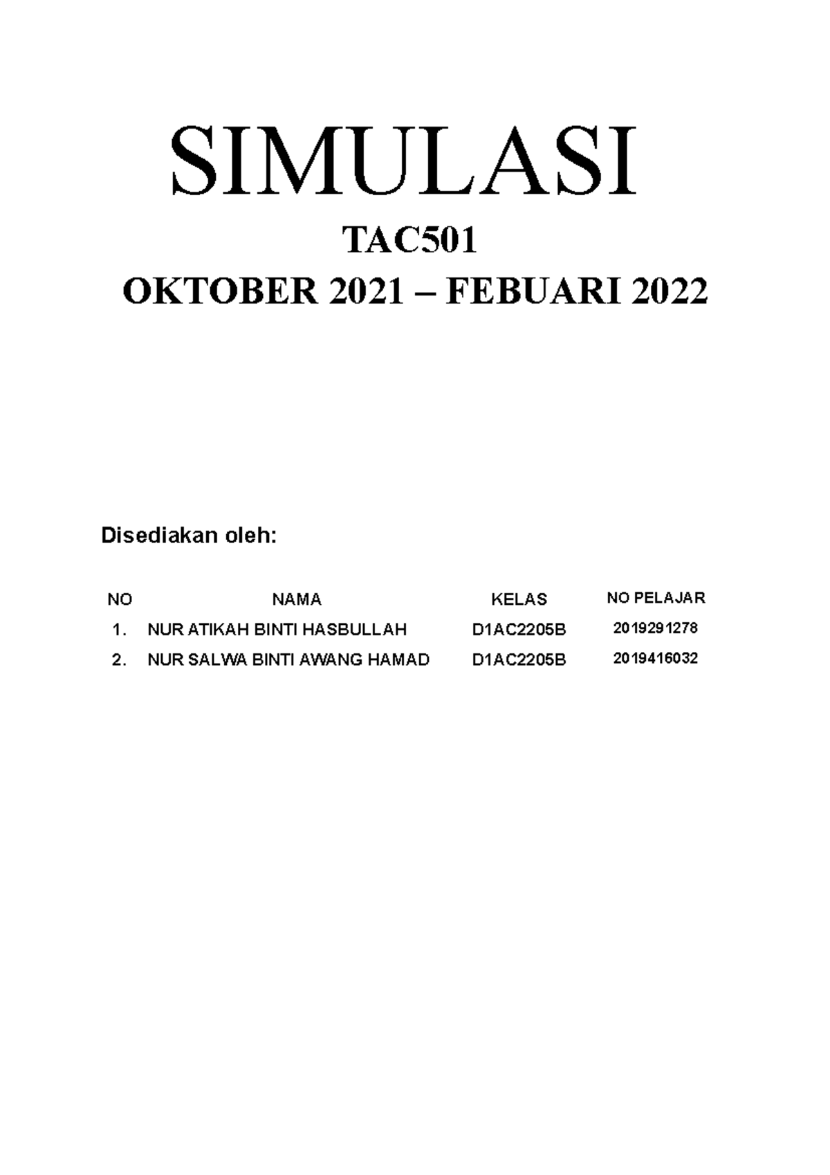 TAC501-Simulasi Arab ( role play) - SIMULASI TAC OKTOBER 2021 – FEBUARI 2022 Disediakan oleh: NO ...