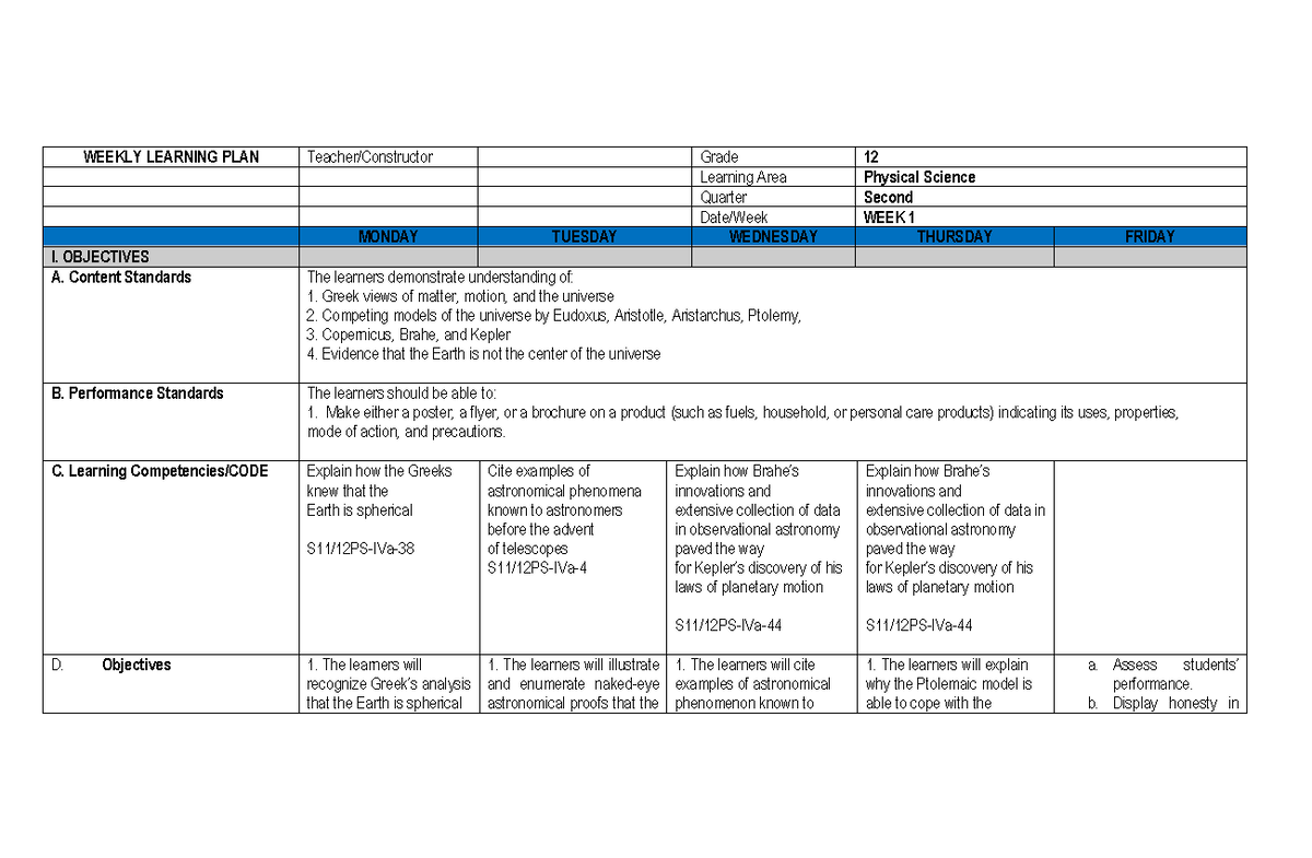 Physical Science DLP Q2W1 - WEEKLY LEARNING PLAN Teacher/Constructor ...