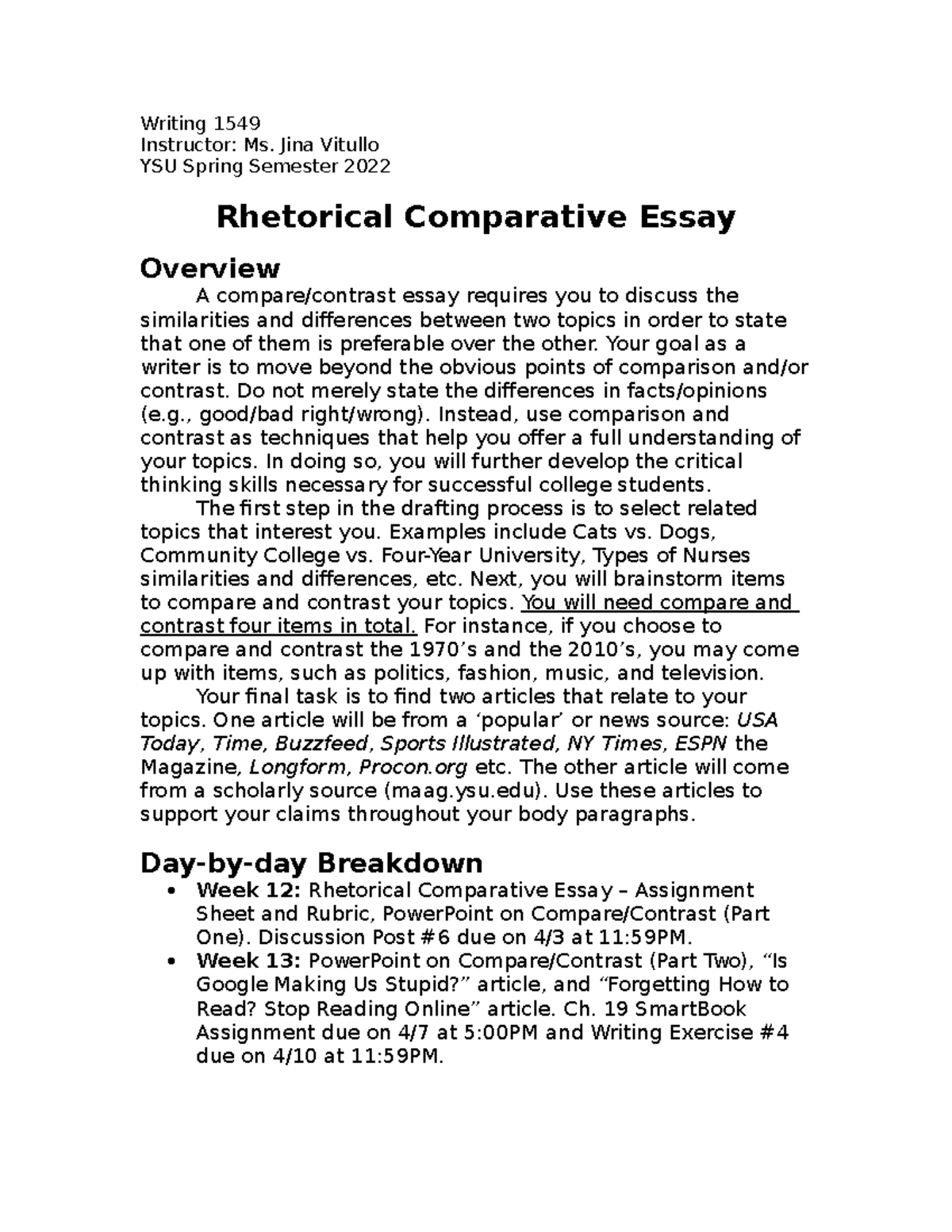 Rhetorical Comparative Essay - Assignment Sheet - Writing 1549 ...
