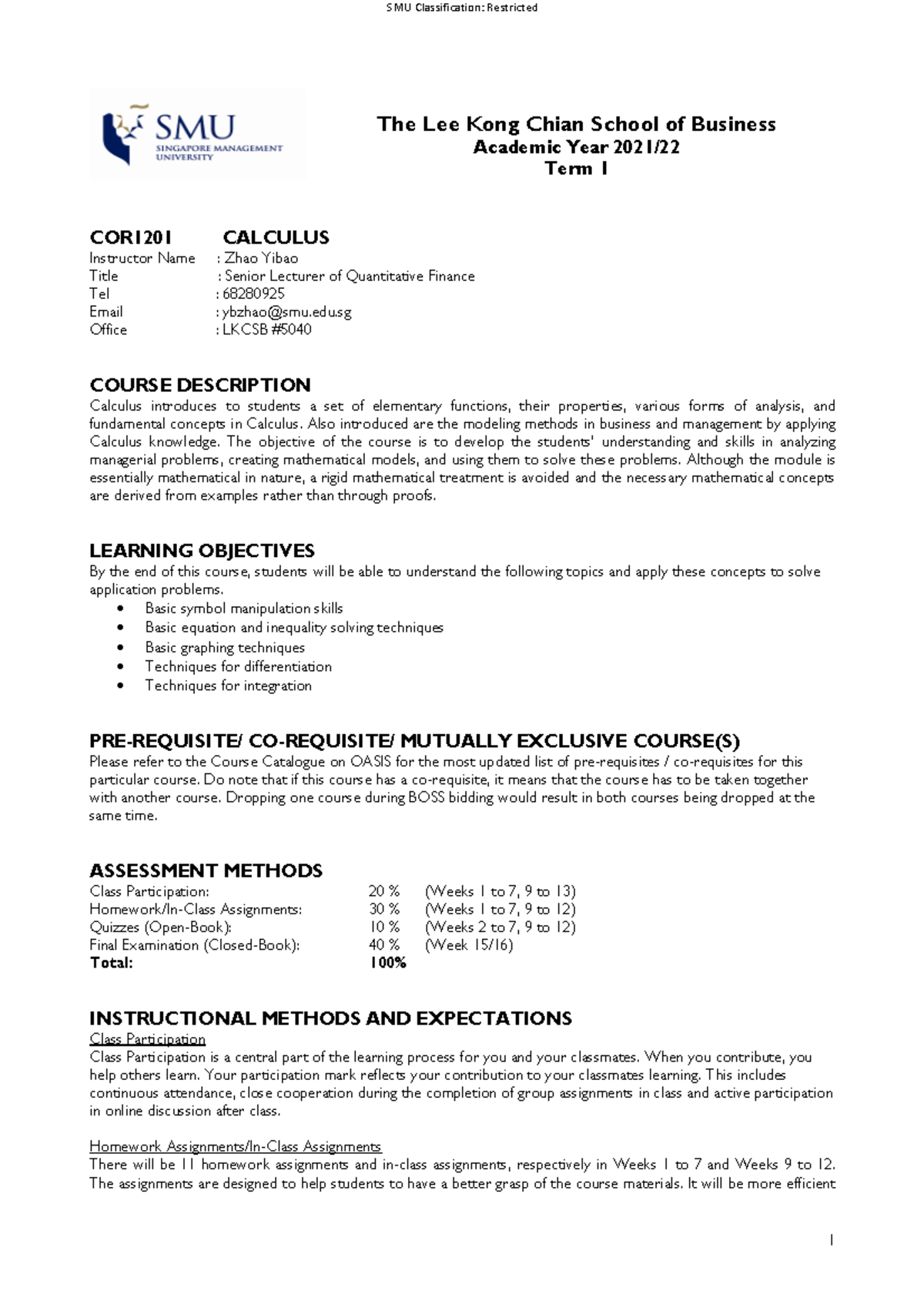 Calculus Course Outline - SMU - Studocu