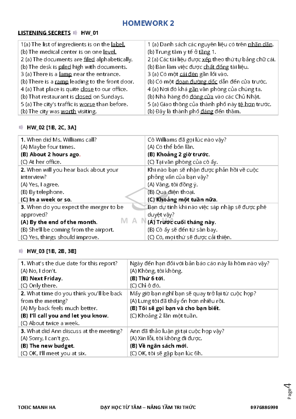 Homework 2 - english script 3 - TOEIC MANH HA DẠY HỌC TỪ TÂM – NÂNG TẦM TRI THỨC 0976886990 Page ...