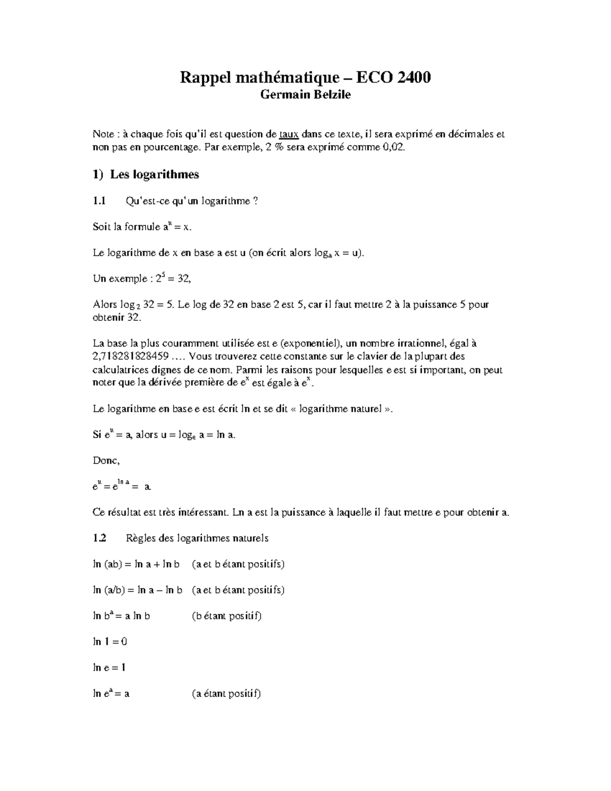 Th1 Rappel+maths-2 - ++++ - Rappel mathématique – ECO 2400 Germain Belzile Note : à chaque fois ...
