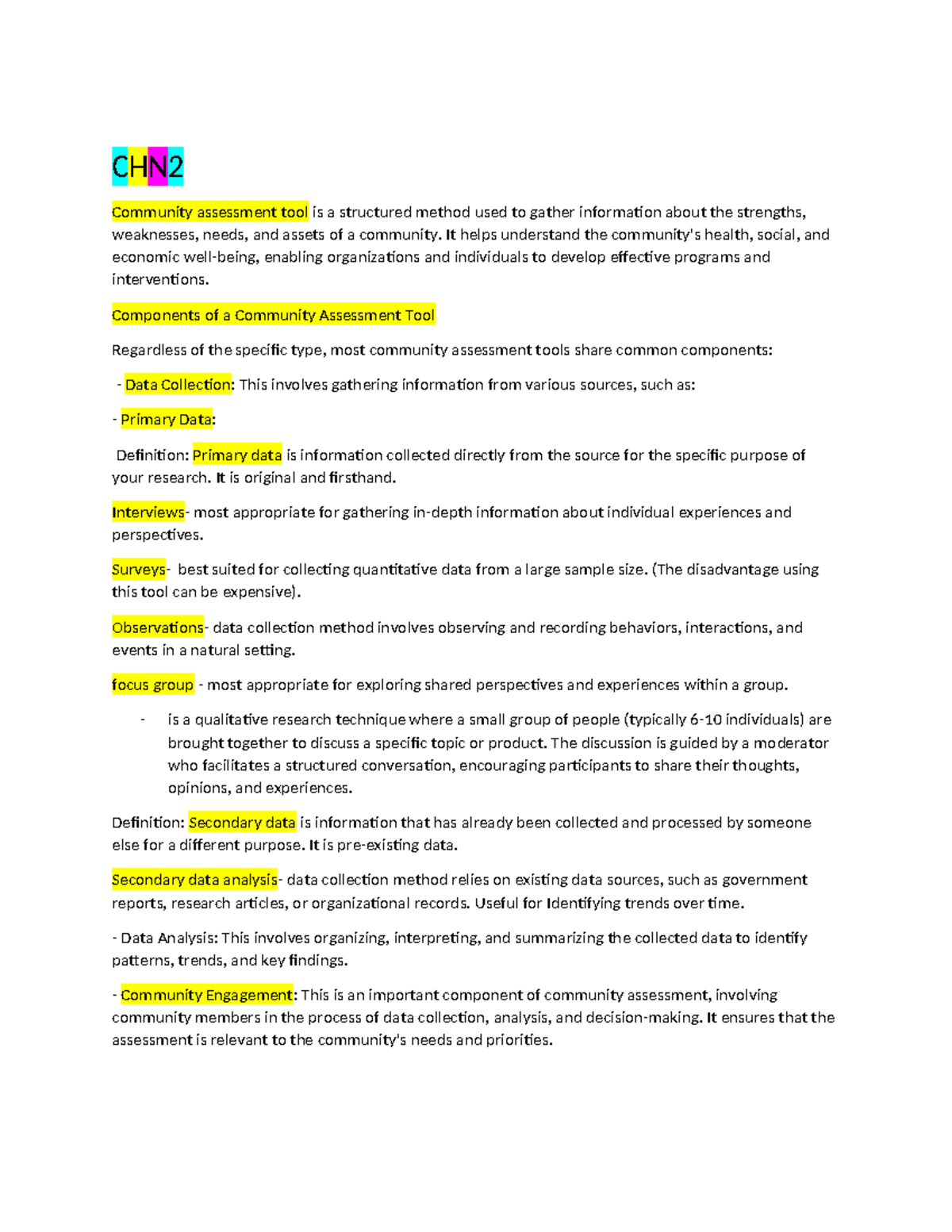 Pointers CHN 2-MR - Reviewer - CHN 2 Community assessment tool is a structured method used to ...