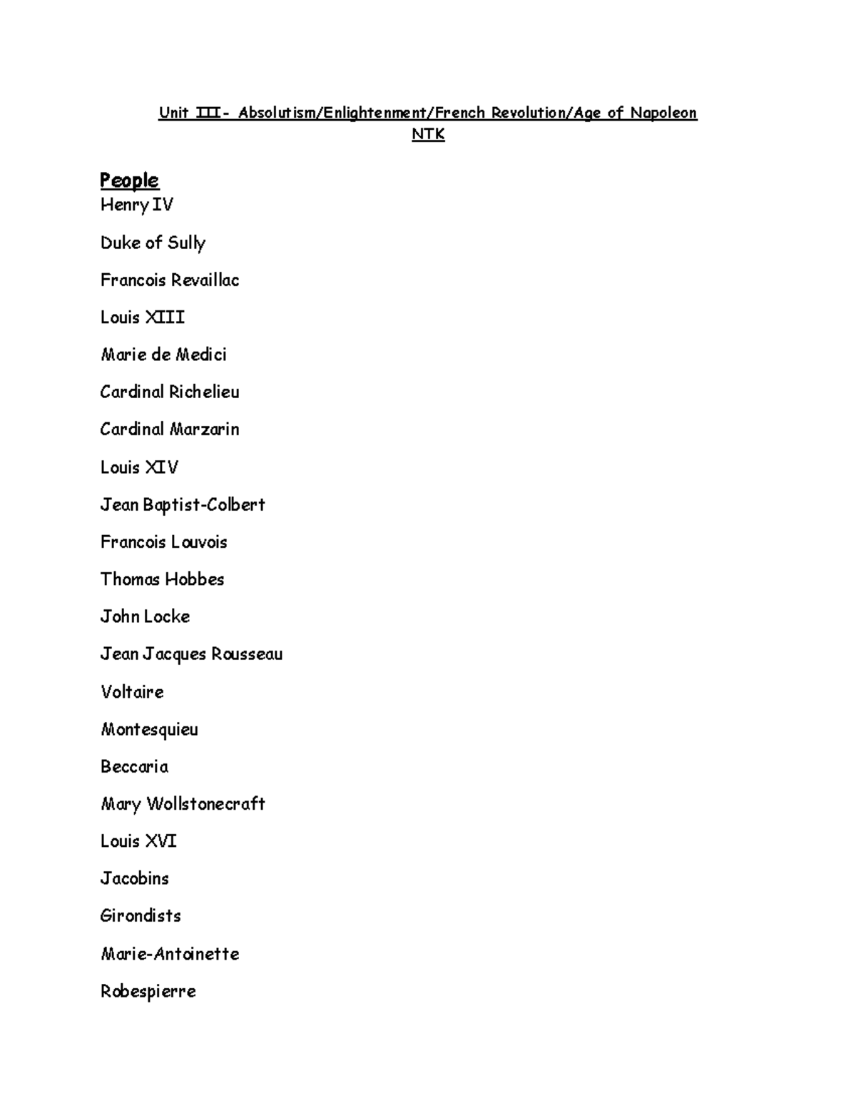 Unit III NTK sheet - Unit III- Absolutism/Enlightenment/French ...