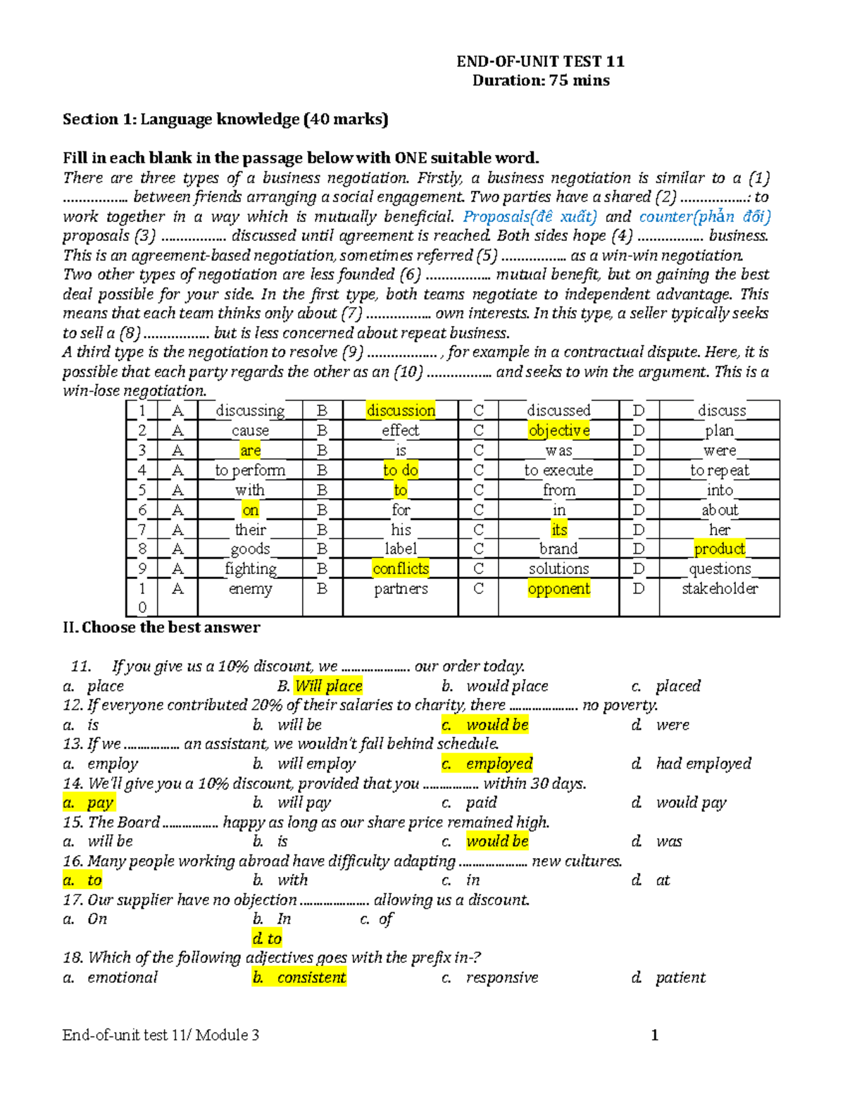 EOU UNIT 11 - đáp án eou 11 - END-OF-UNIT TEST 11 Duration: 75 mins ...