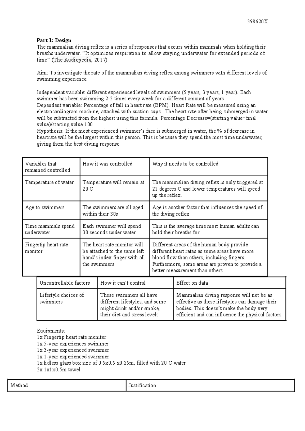 MDR BIO - Part 1: Design The mammalian diving reflex is a series of ...