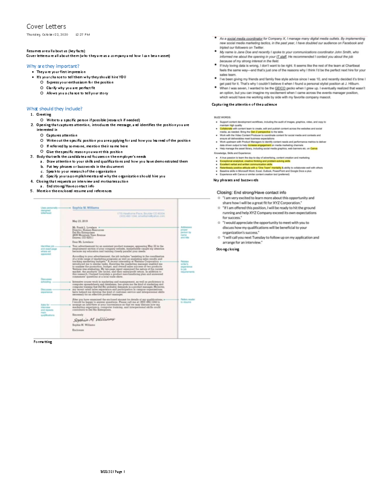 BUS 321 - Fall 2020 - Cover Letters Lecture - Resumes are all about us ...