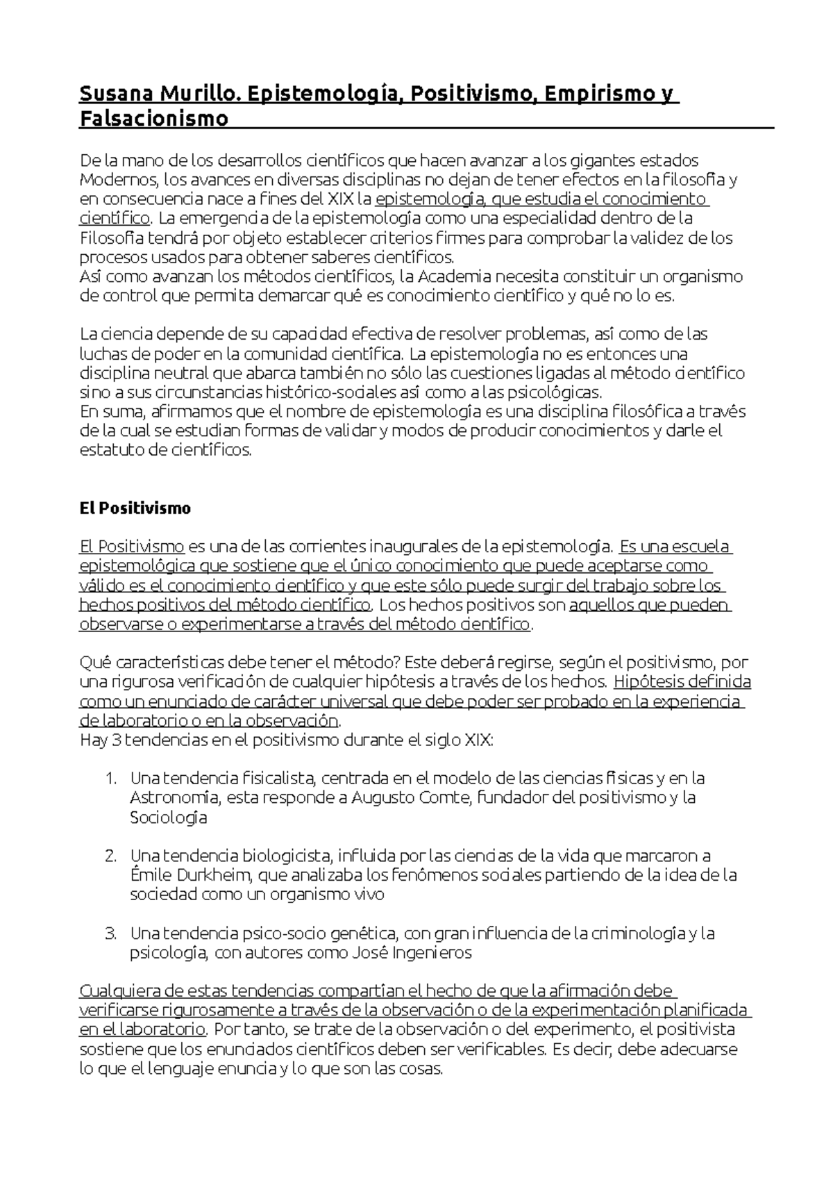 Resumen 2 Susana Murillo. Epistemología, Positivismo, Empirismo y ...