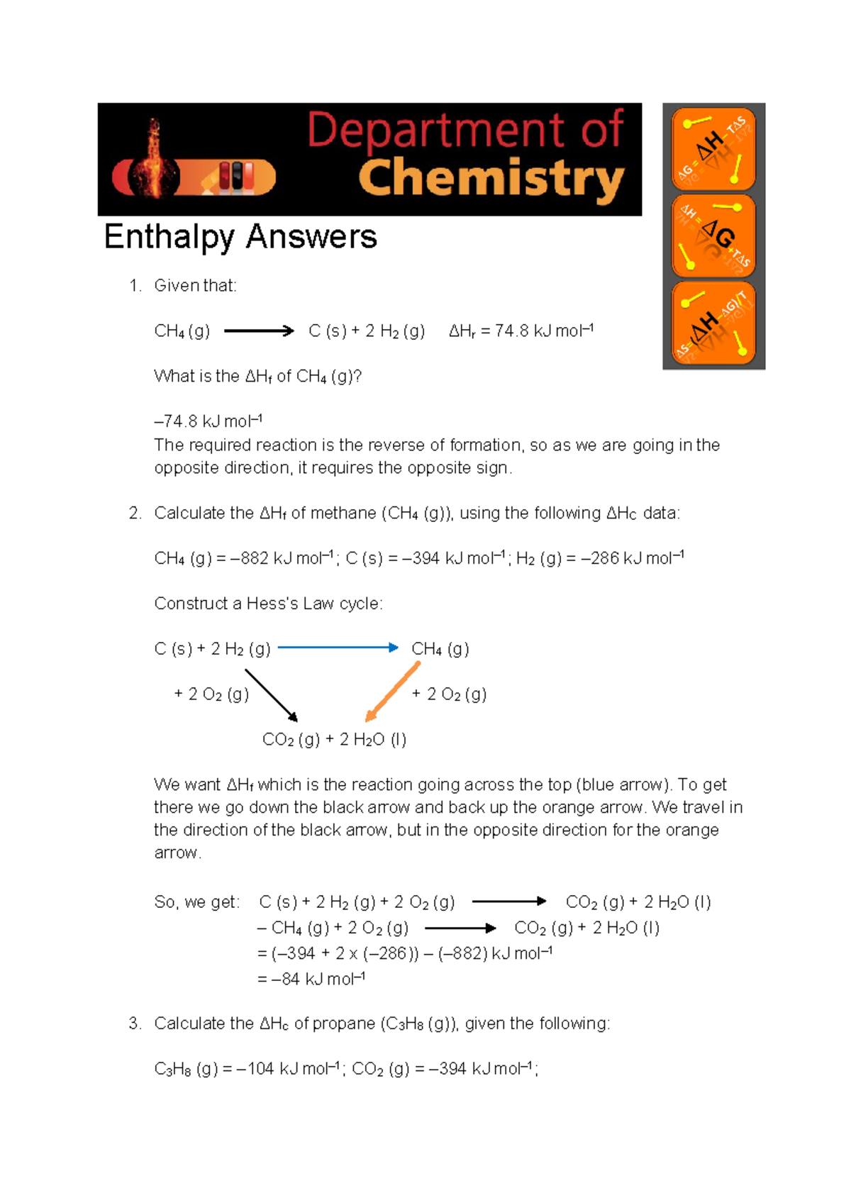 Enthalpy q's & answers - Enthalpy Answers Given that: CH 4 (g) C (s ...